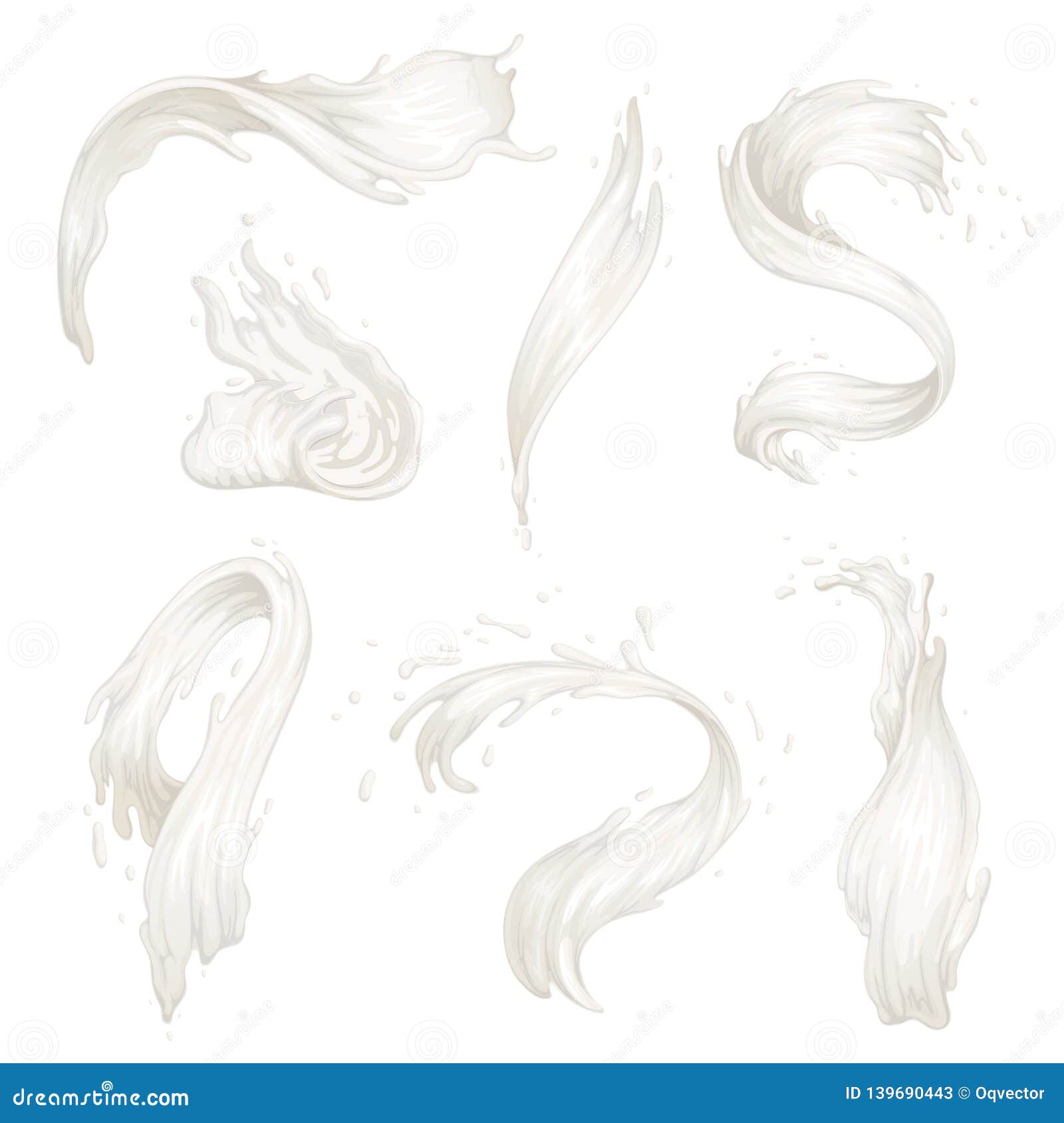 Set of Milk Splashes and Waves. White Streams of Different Shapes Stock ...