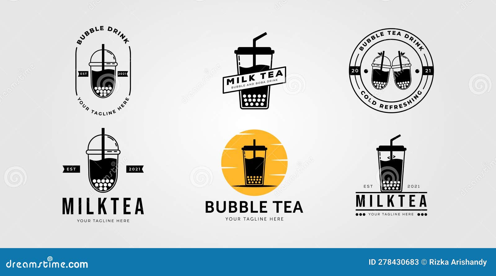 Set of Milk Tea or Thai Tea Logo or Bundle of Bubble Drink Symbol ...