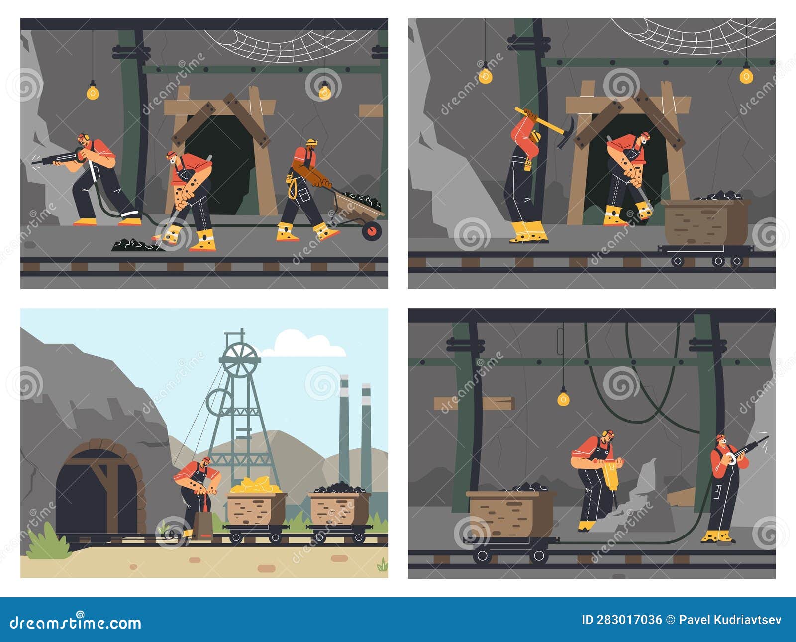 Set of Miners Extracting Minerals from Underground, Flat Vector ...