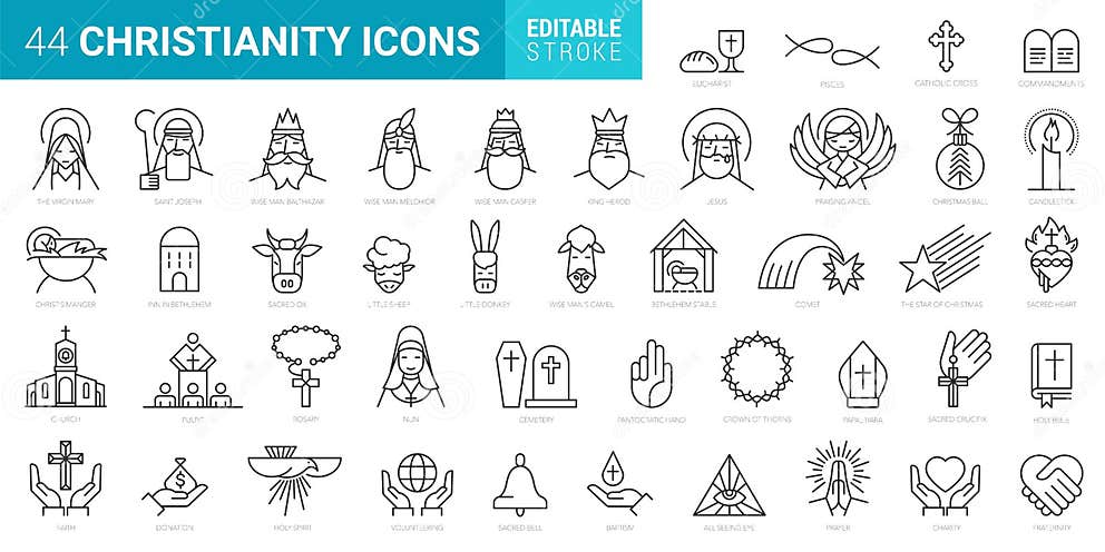 Set of 44 Minimal Christian Icons on White Background. Stock Vector ...