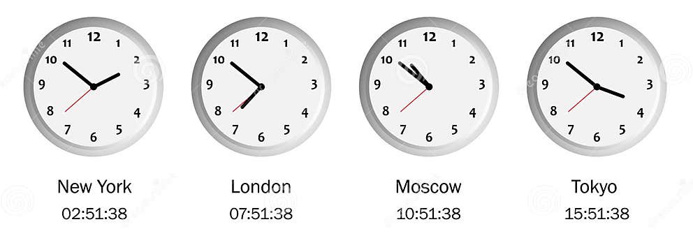 Set of 4 Minimalistic World Time Clocks, Vector Illustration Stock ...