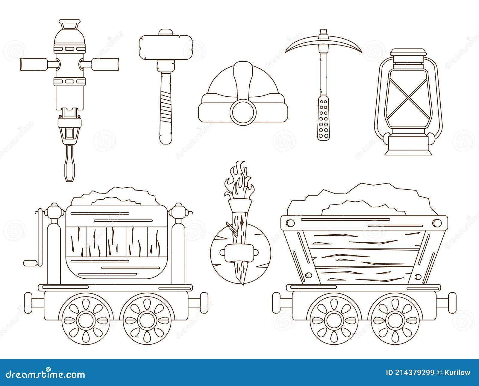 A Set with Mining Tools for the Extraction of Resources. Mine Carts ...