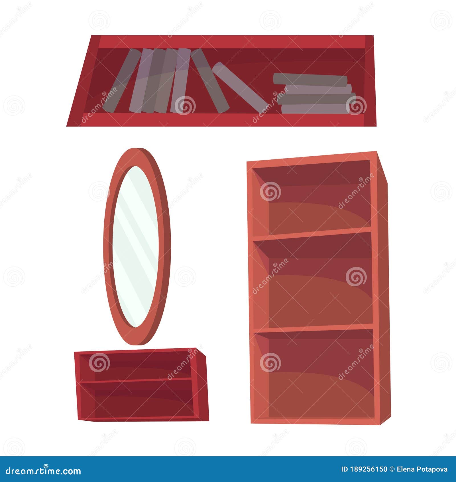 Set With Mirror And Different Types Of Open Cabinets. Vector Cartoon ...