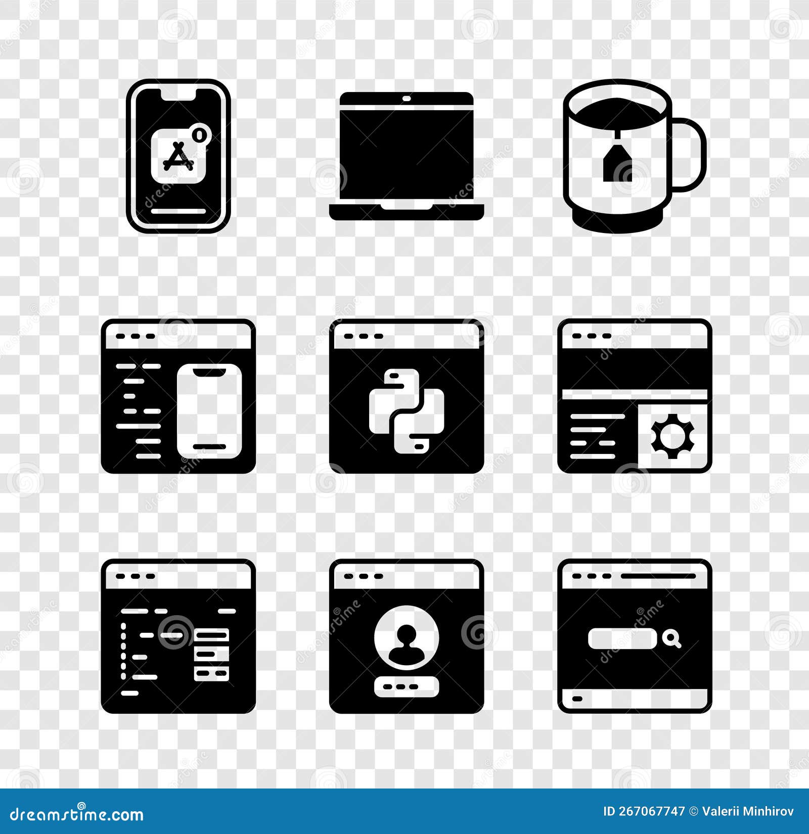 Set Mobile Apps, Laptop, Cup of Tea with Tea Bag, Software, Create ... Set Mobile Apps, Laptop, Cup of Tea with Tea Bag, Software, Create ...