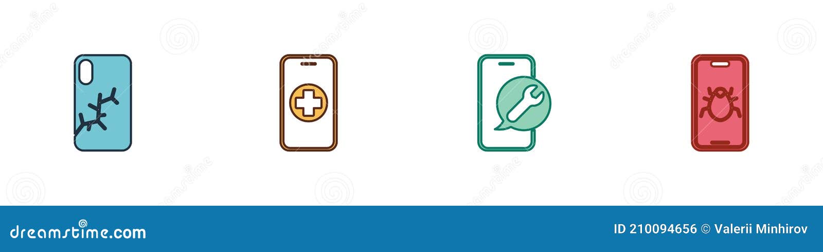 Set Mobile with Broken Screen, Phone Repair Service, and System Bug ...