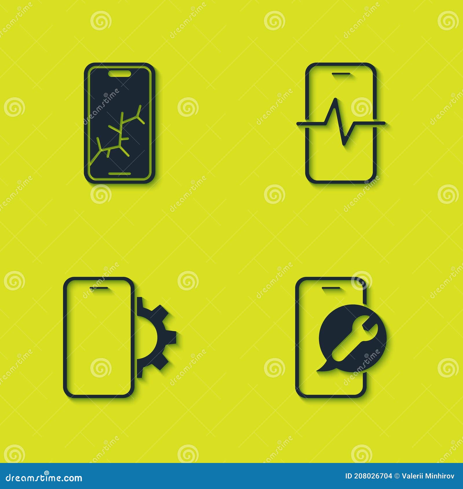 Set Mobile with Broken Screen, Service, Phone Repair and Icon. Vector ...