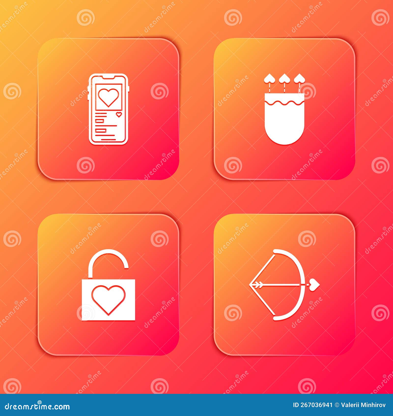 Set Mobile with Heart, Quiver and Arrows, Lock and Bow Icon. Vector ...
