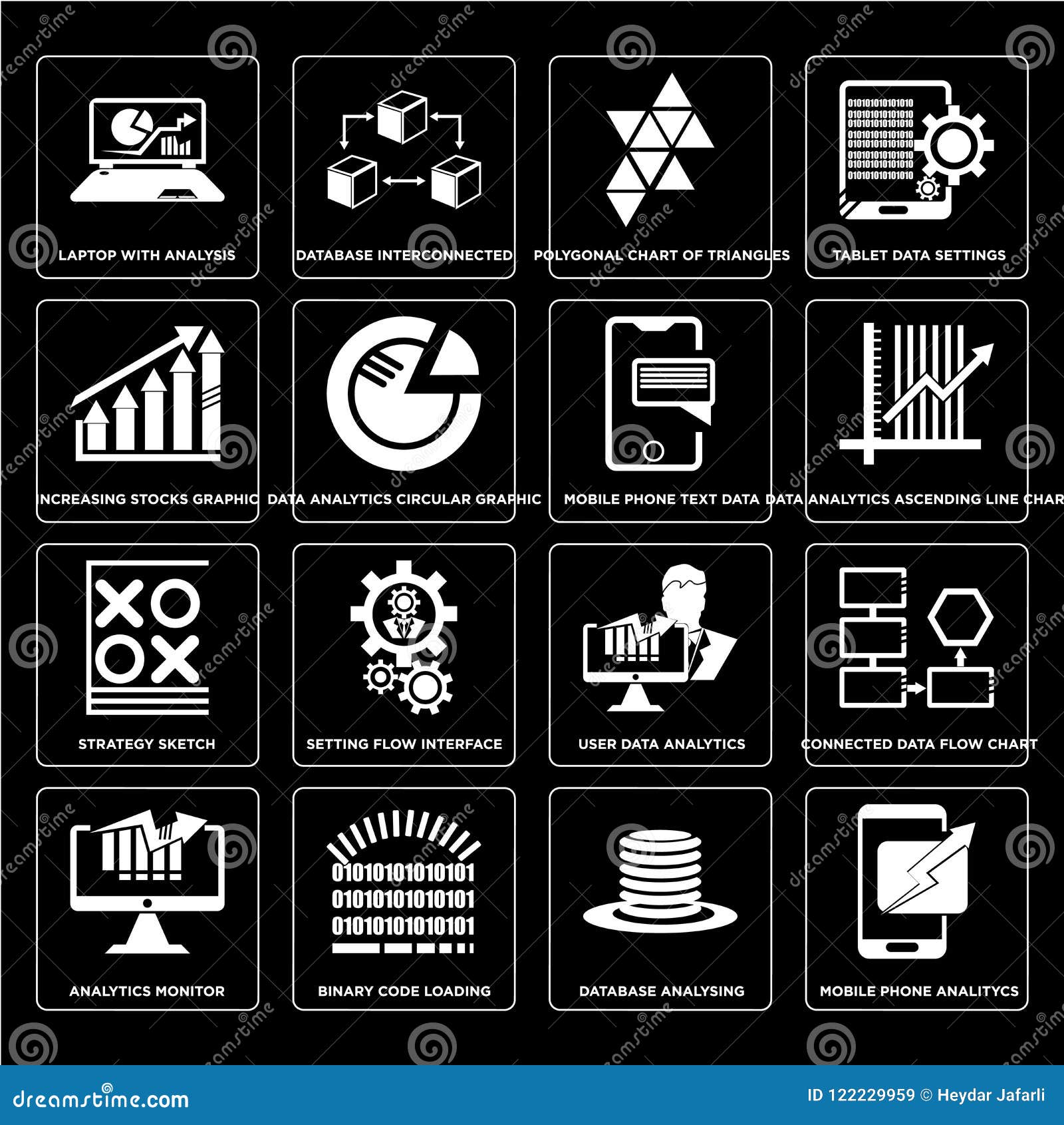 Set of Mobile Phone Analitycs, Increasing Stocks Graphic, Binary Code Loading, Analytics Monitor ...