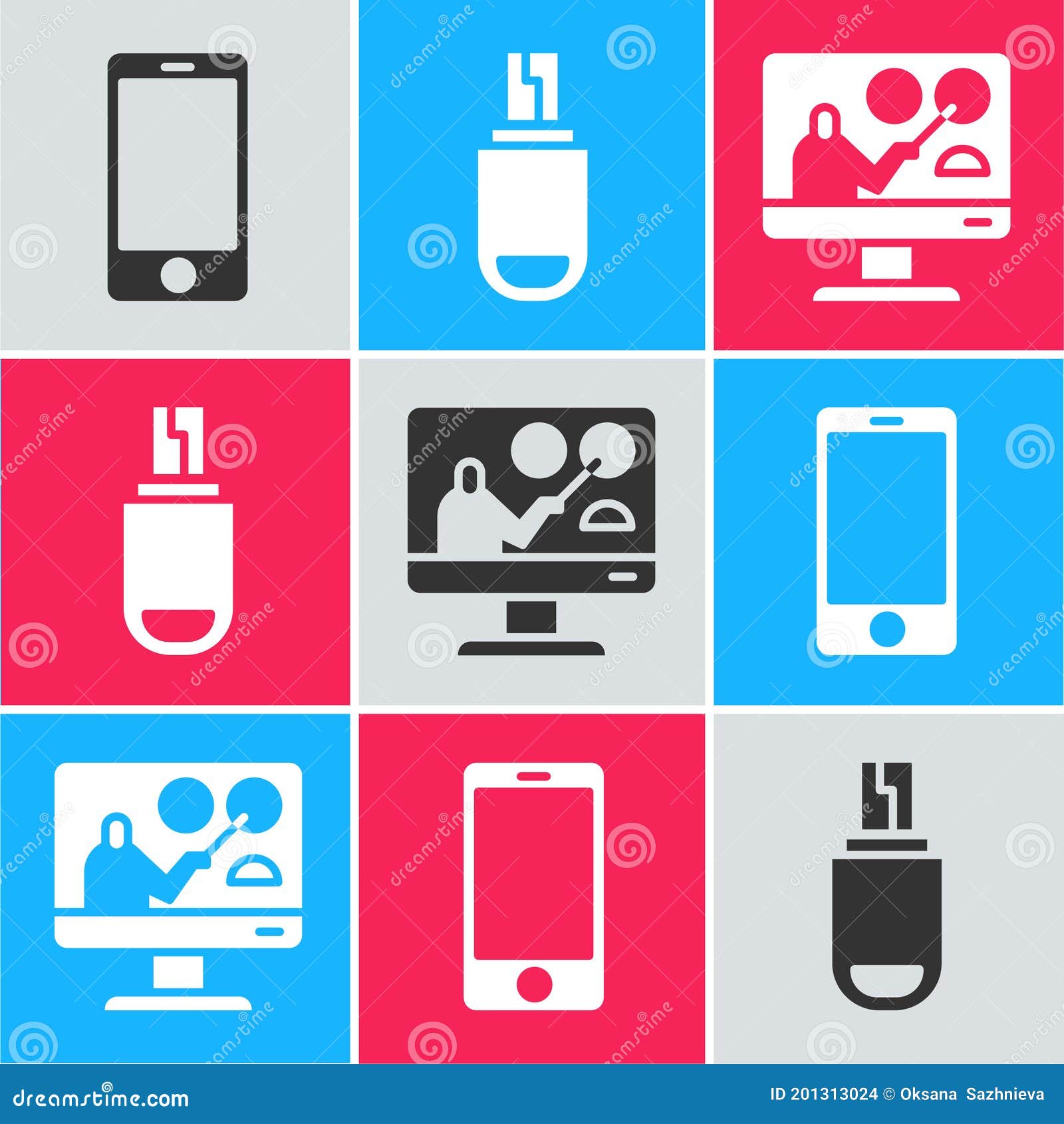 Set Mobile Phone, USB Flash Drive and Online Education Icon. Vector ...