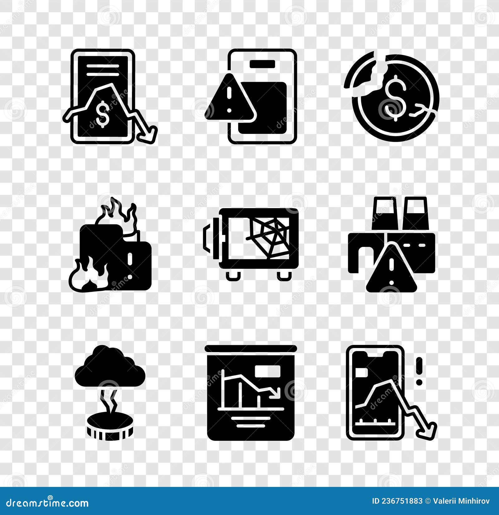 Set Mobile Stock Trading, Global Economic Crisis, Dollar Rate Decrease, Storm, Pie Chart ...