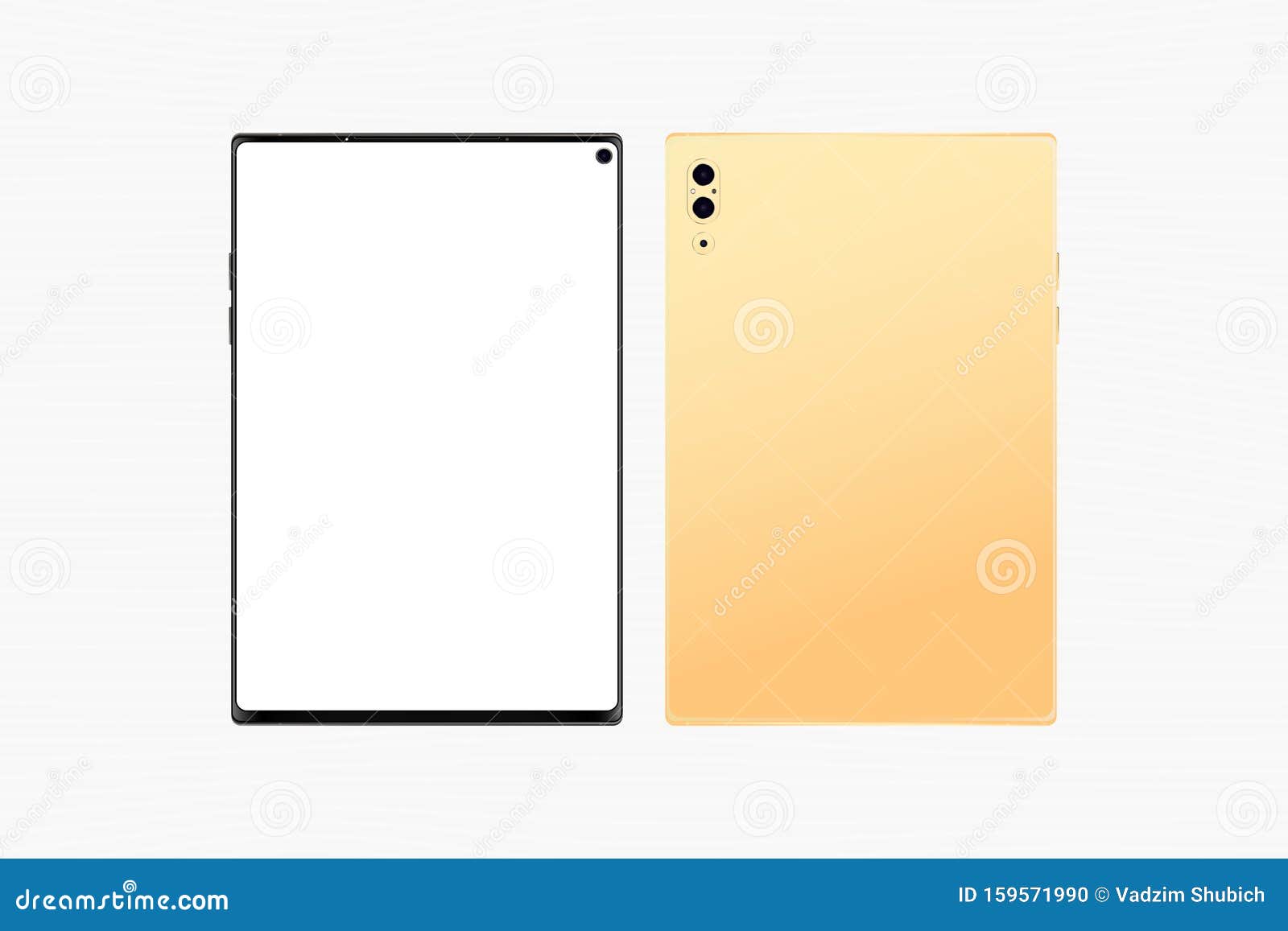 Set Mock-up of Gold Realistic Tablet. Front Side with Screen and Back ...