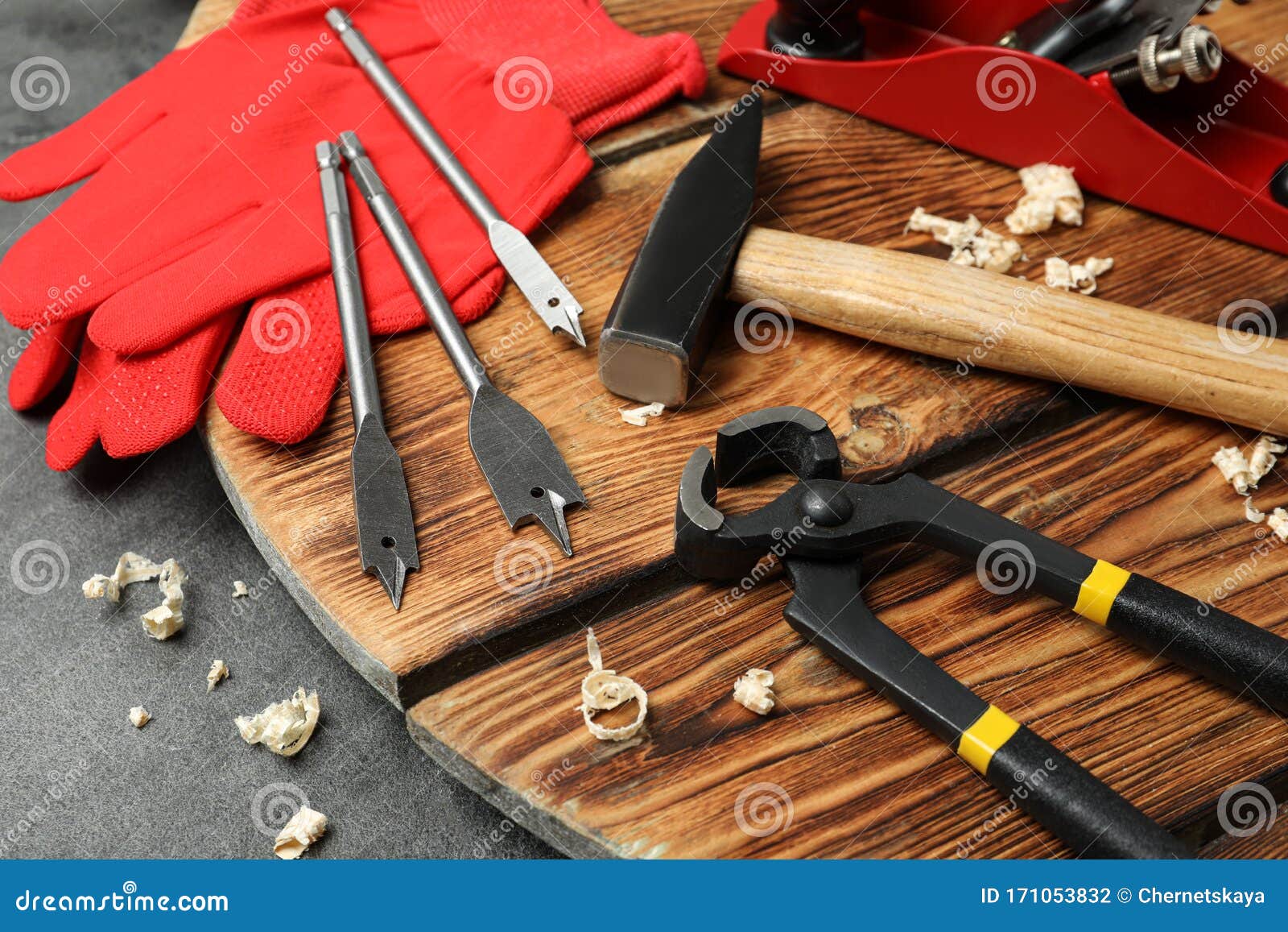 Set of Modern Carpenter`s Tools on Table Stock Photo - Image of color ...