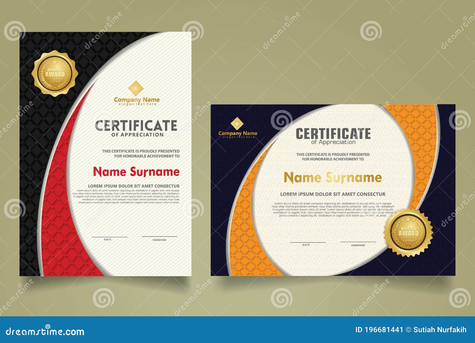 Set Modern Certificate Template with Realistic Texture Diamond Shaped on the Ornament and Modern ...