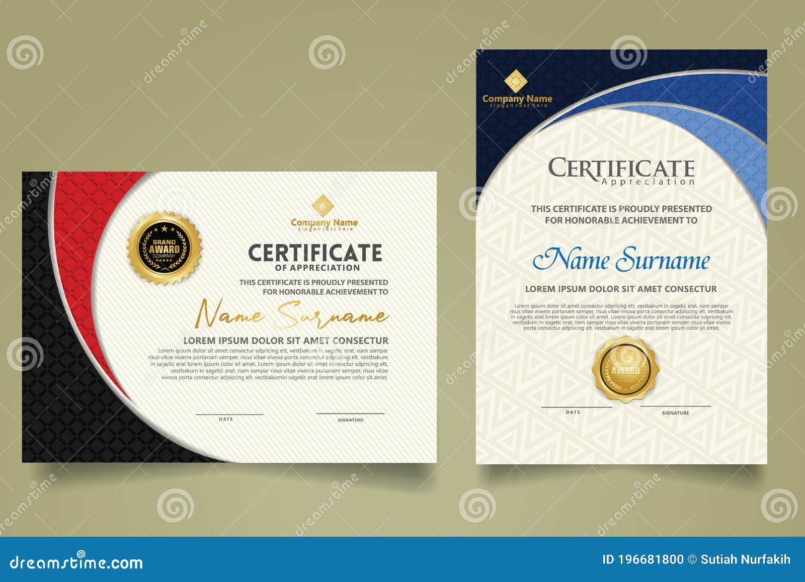 Set Modern Certificate Template with Realistic Texture Diamond Shaped on the Ornament and Modern ...