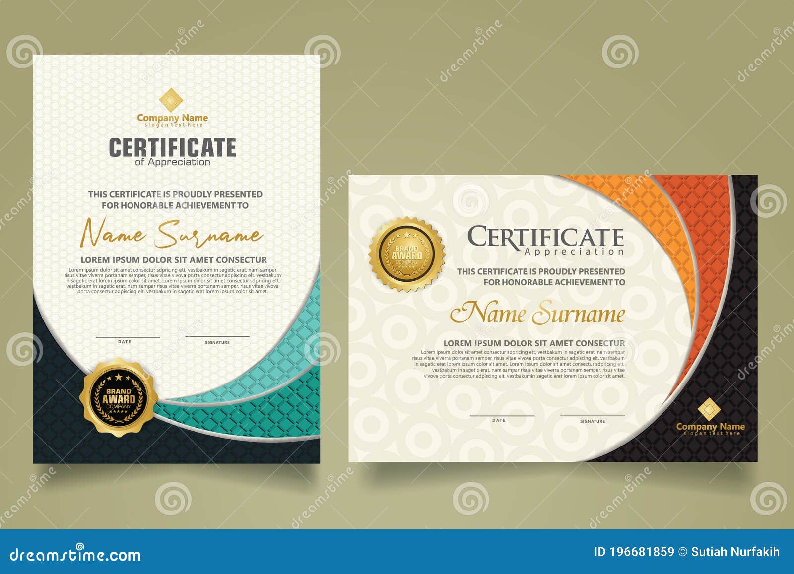 Set Modern Certificate Template with Realistic Texture Diamond Shaped on the Ornament and Modern ...