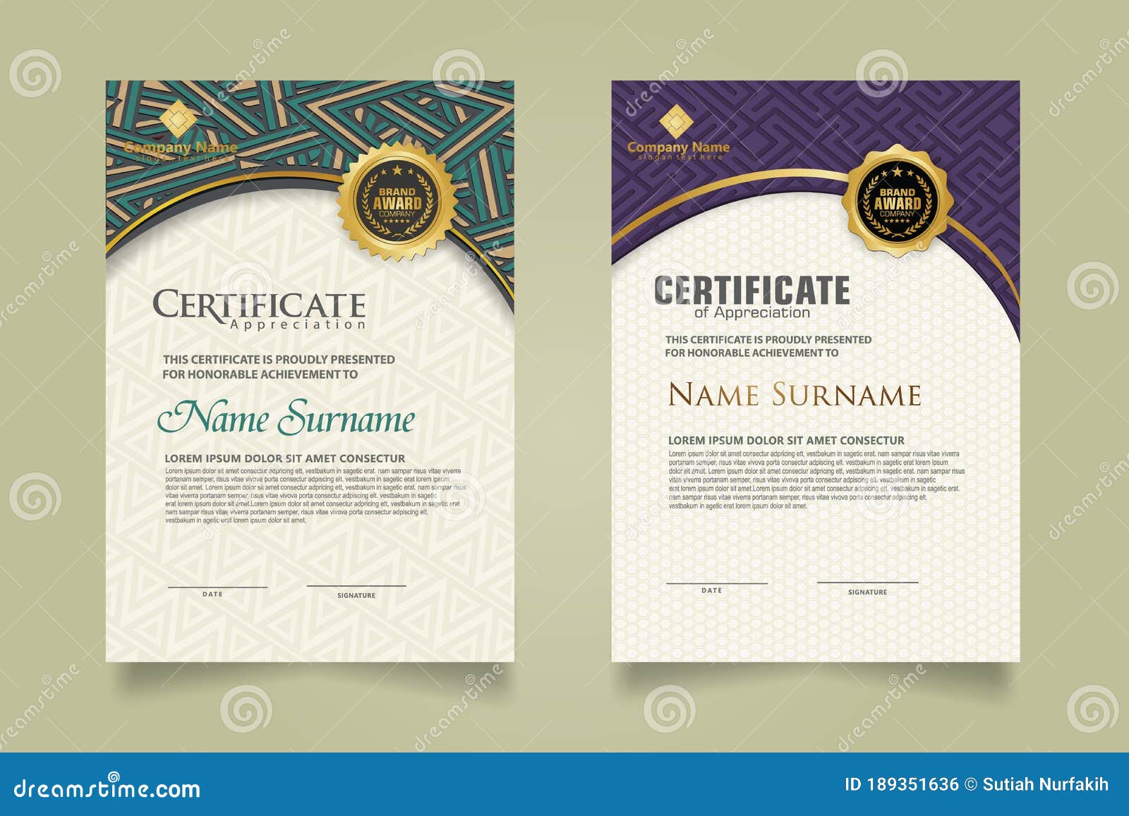 Set Vertical Certificate Template with Diagonal Angle Lines and Maze Texture on Curve Ornament ...