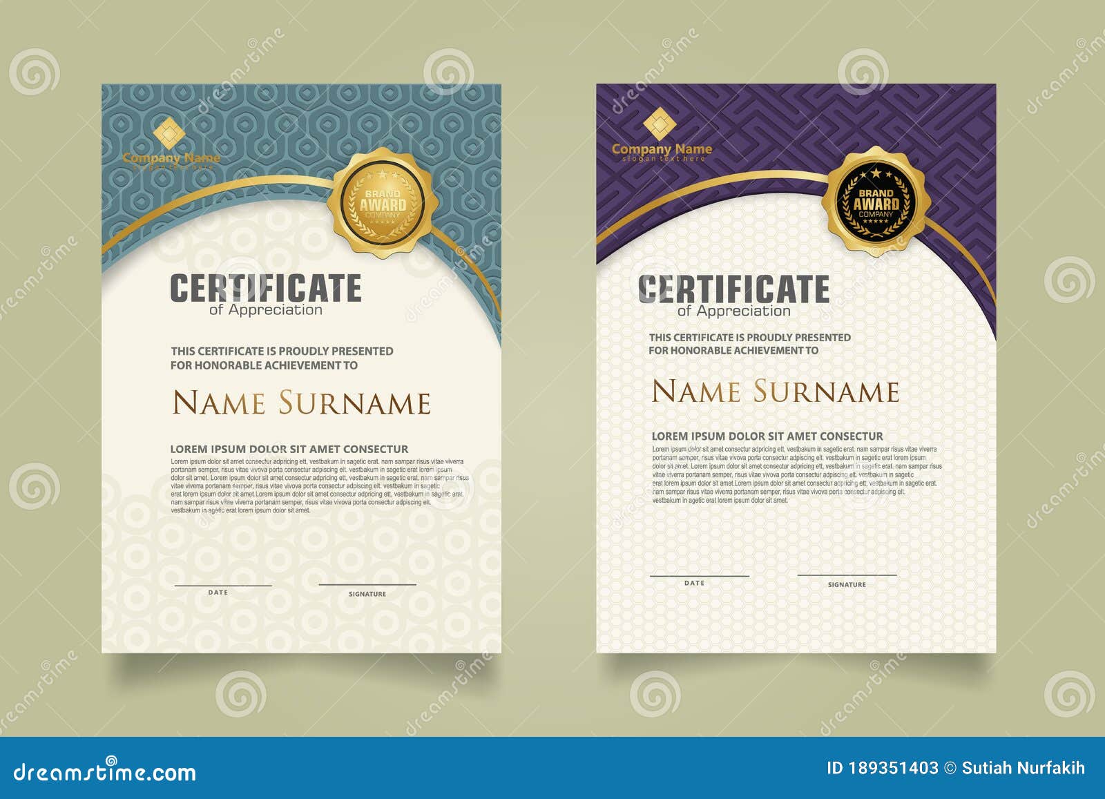 Set Vertical Certificate Template with Impressive and Maze Texture on Curve Ornament and Modern ...