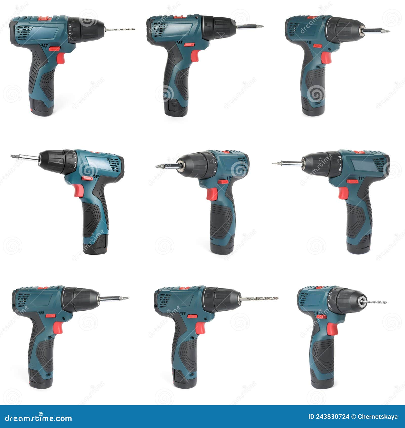 Set of Modern Electric Drills on White Background Stock Photo - Image ...