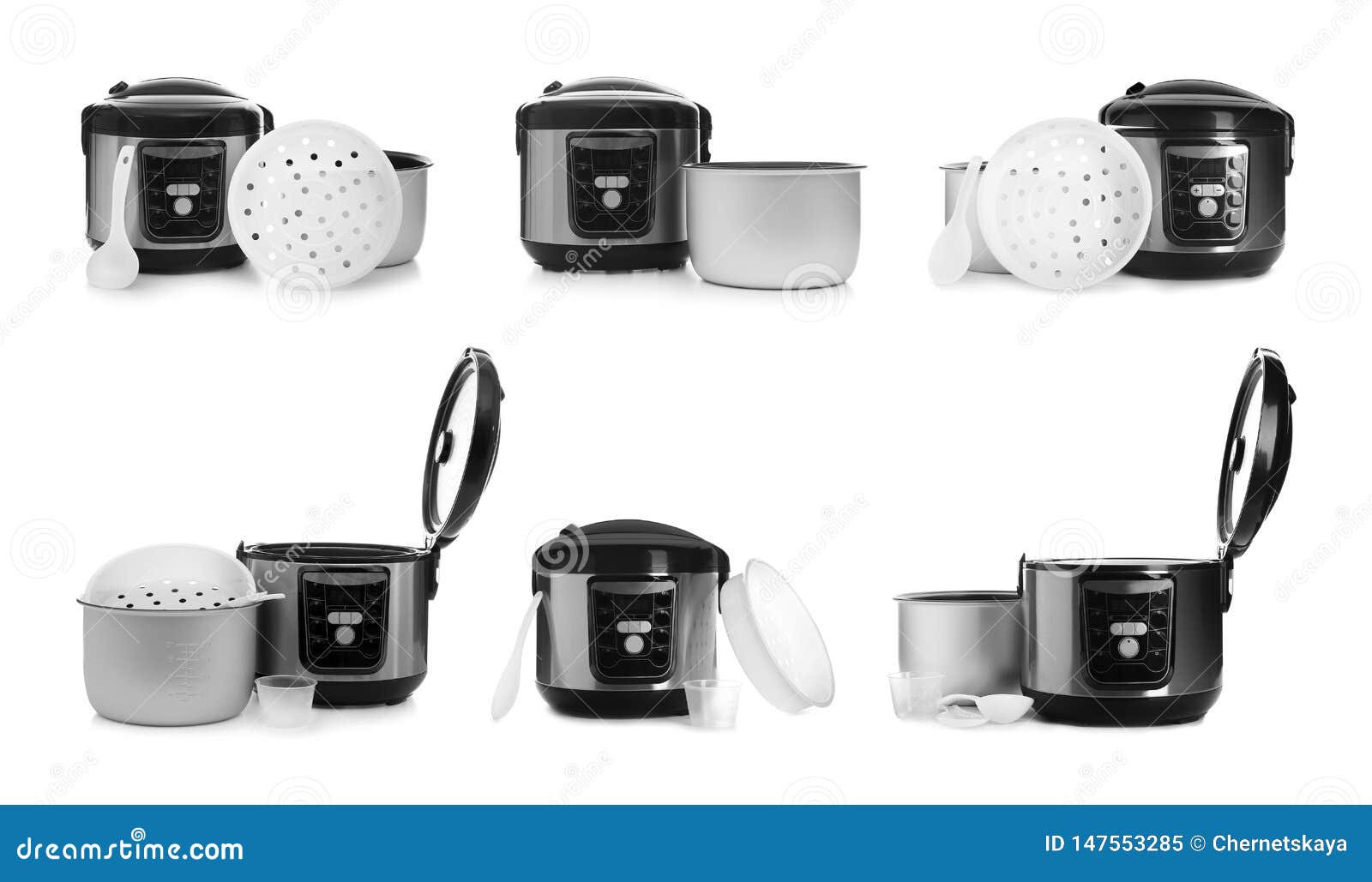 Set of Modern Electric Multi Cookers, Parts and Accessories on White ...