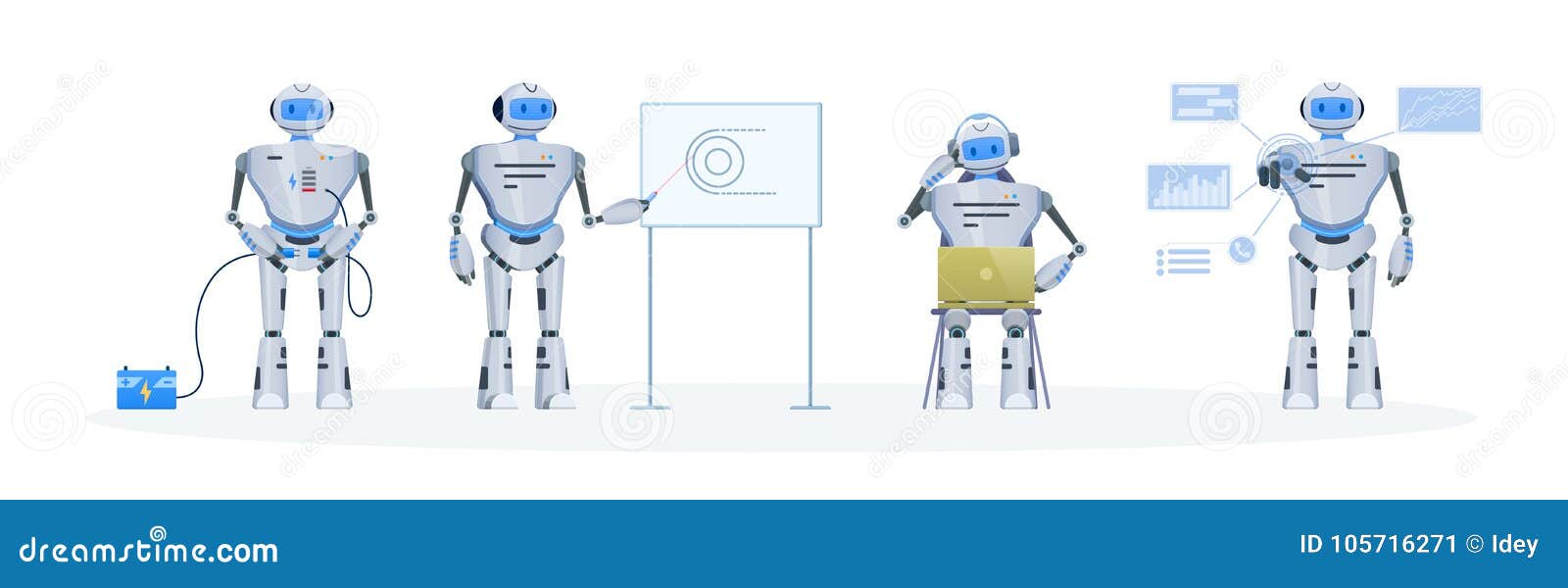 Set of Modern Electronic Robot, Chat Bot. Working, Education, Support ...