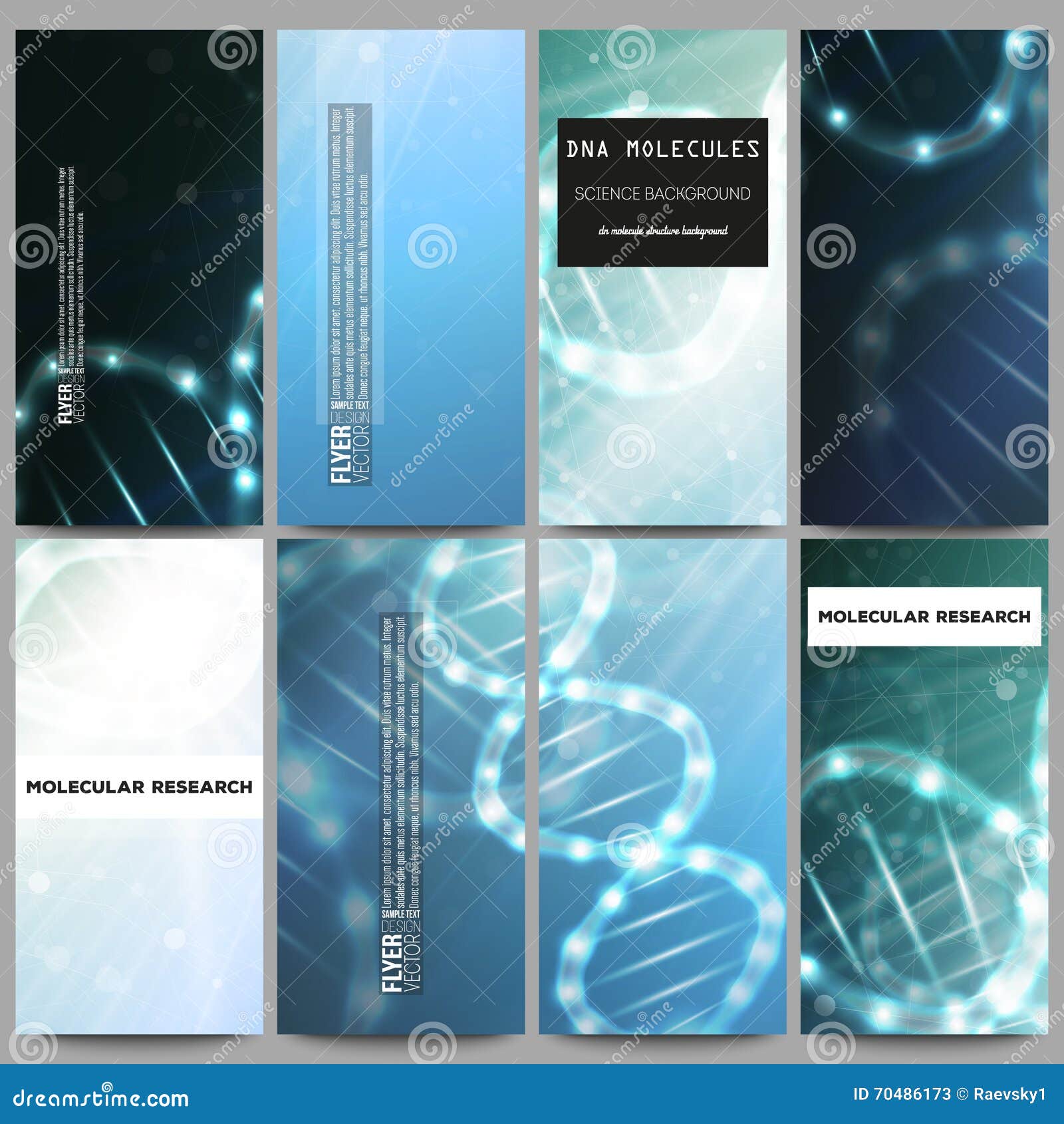 Set of Modern Flyers. DNA Molecule Structure on Dark Blue Background ...
