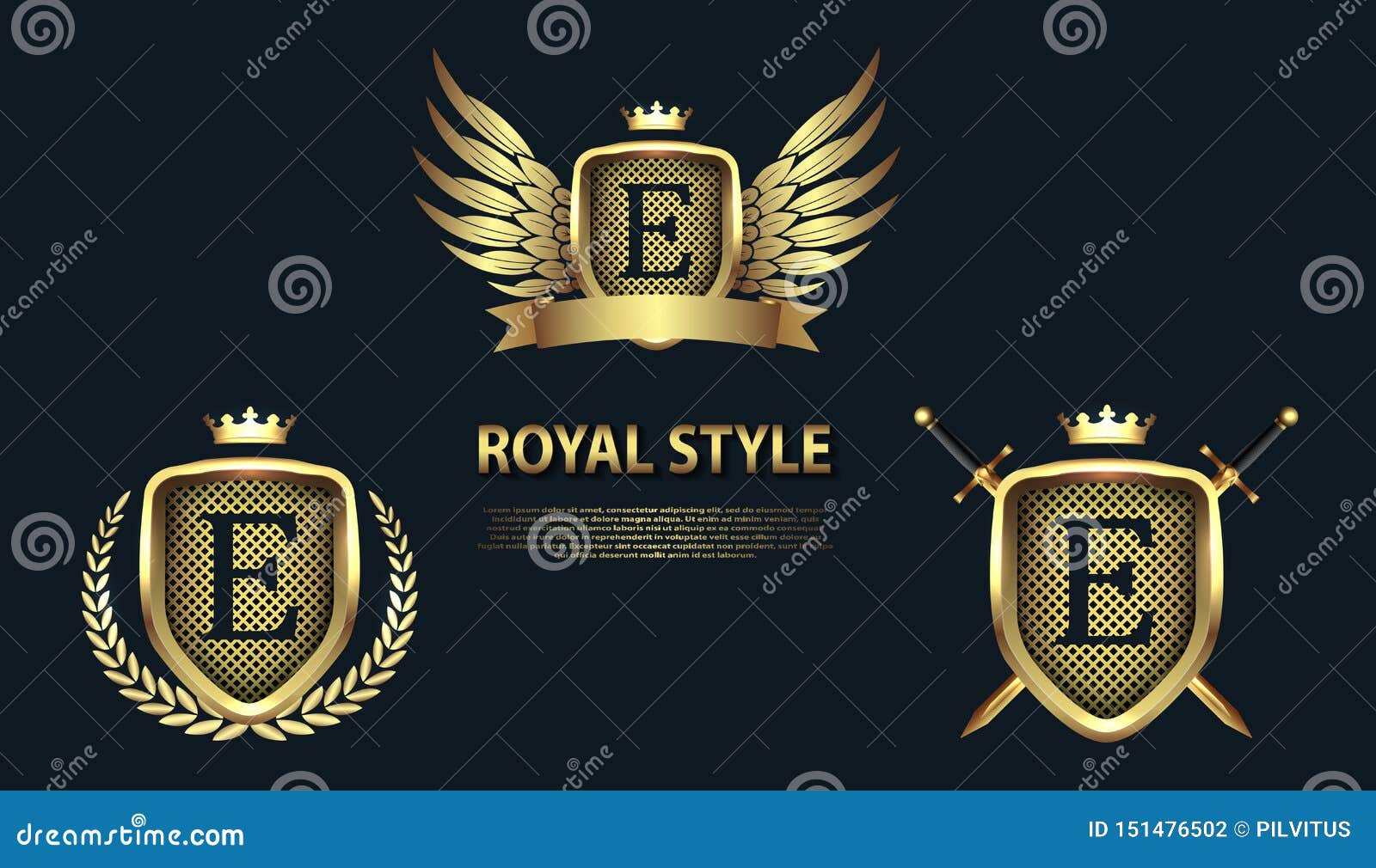 Set of Modern Heraldic Shields with Crowns and Initial Letter E ...