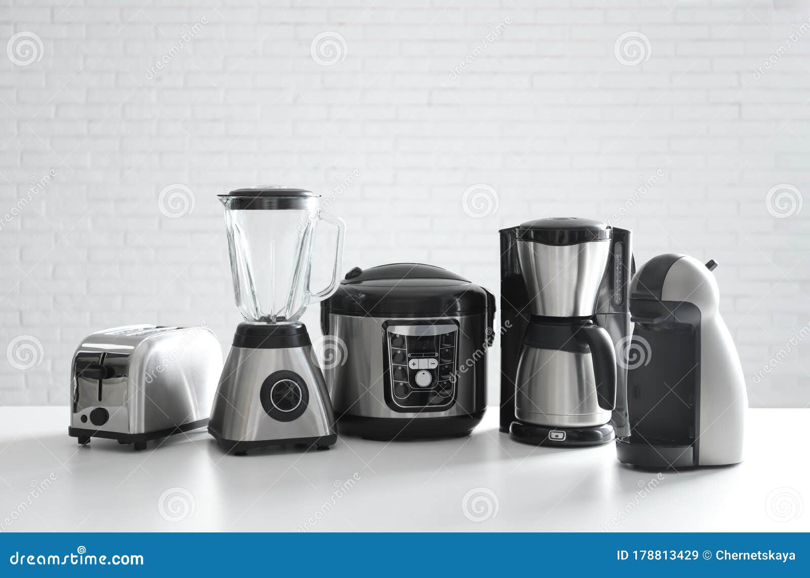 Set of Modern Home Appliances on Table Stock Image - Image of design ...