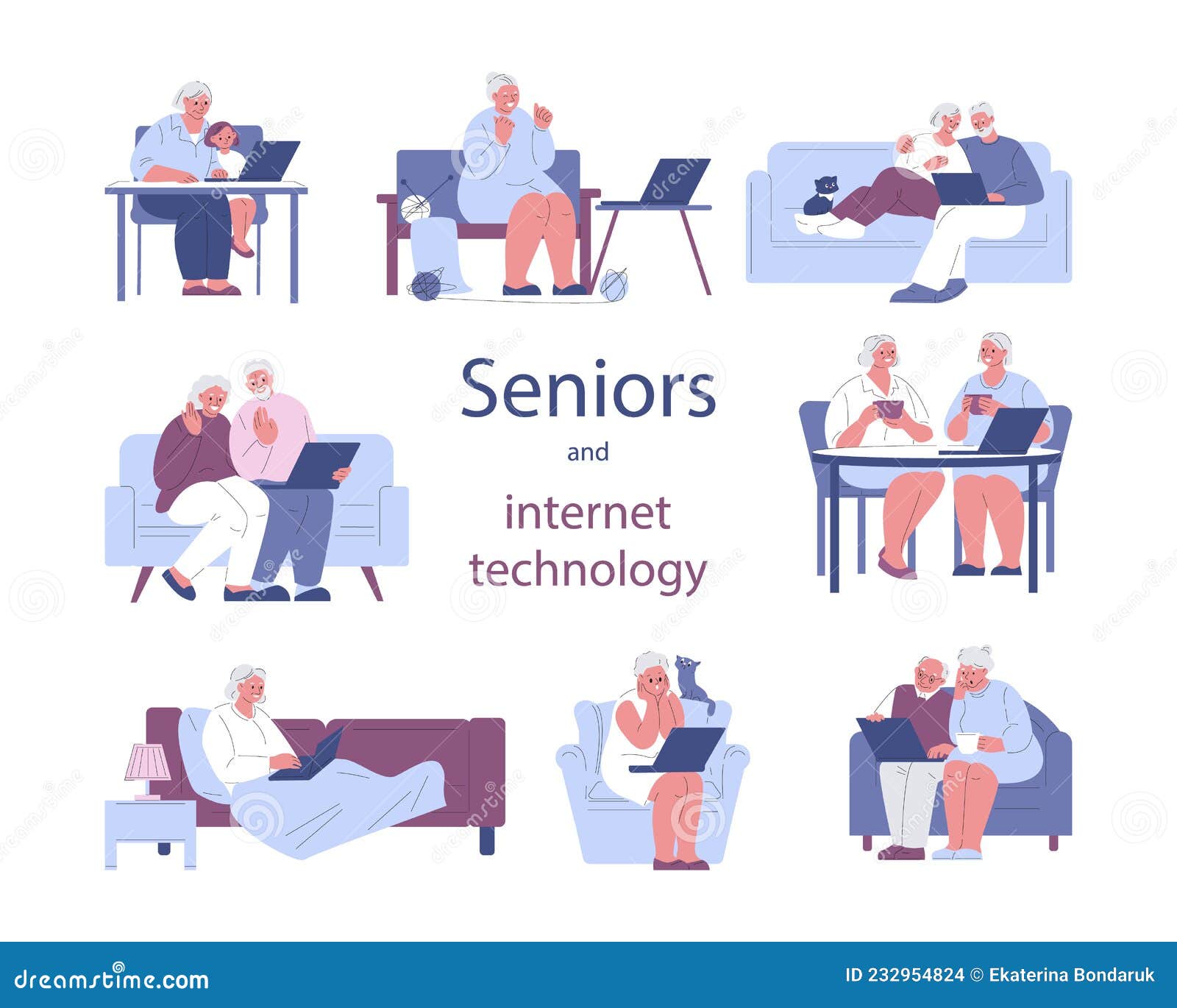 Set of Modern Seniors with Laptop. Internet Technologies for the ...