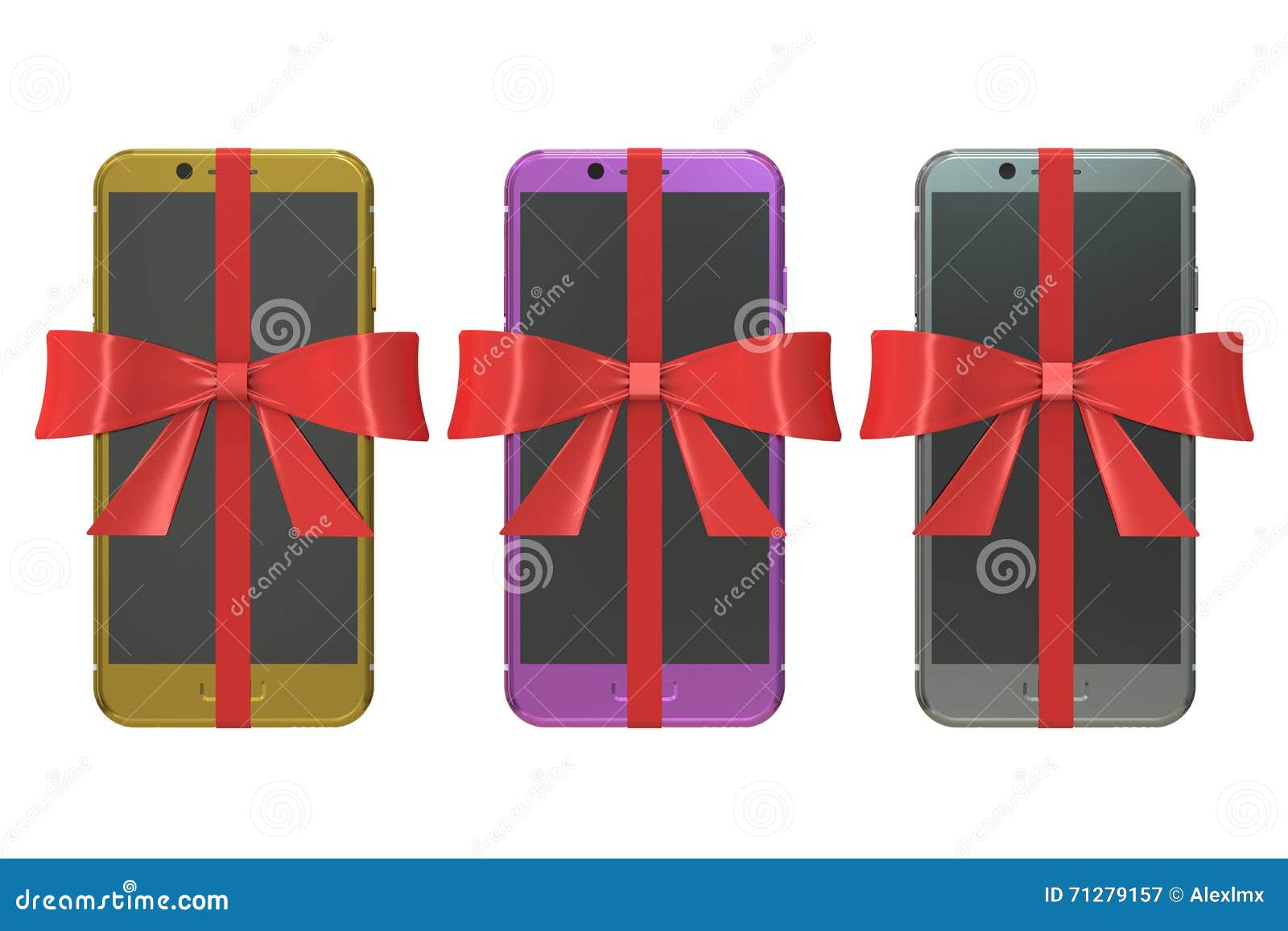 Set of Modern Smartphones with Bows and Ribbons, Gift Concept. 3 Stock ...