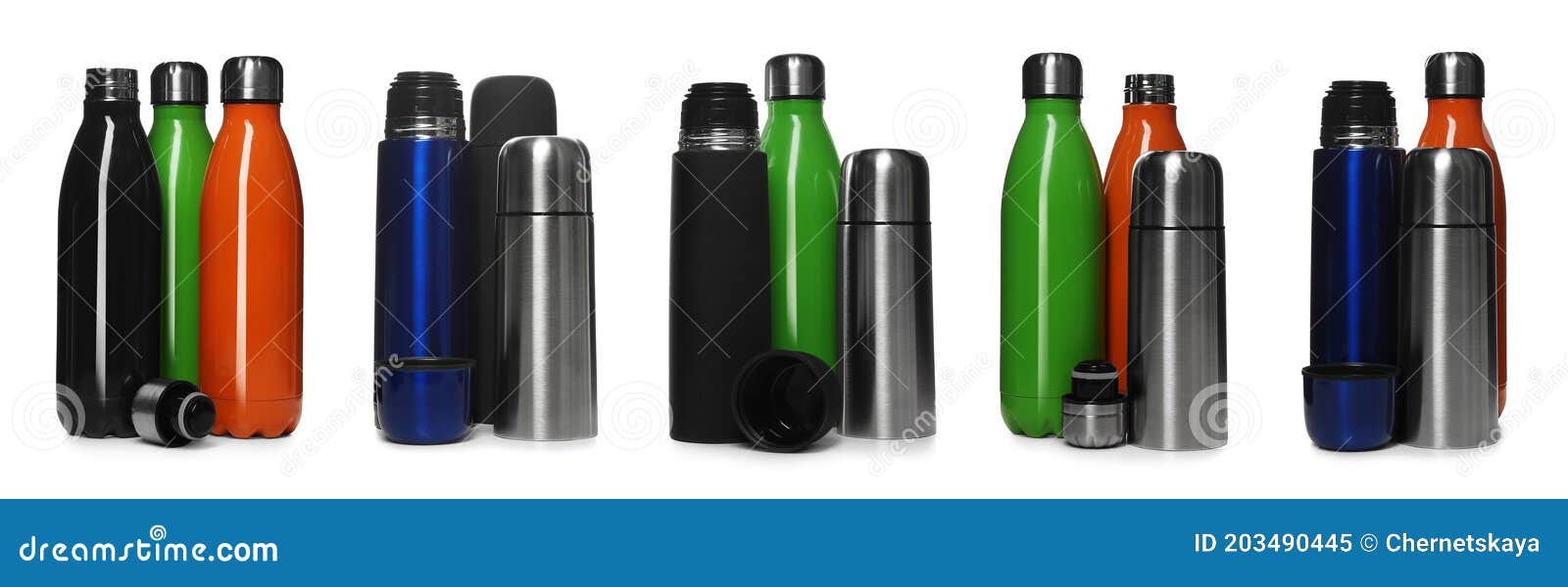 Set with Modern Thermoses Isolated on White. Banner Design Stock Image ...