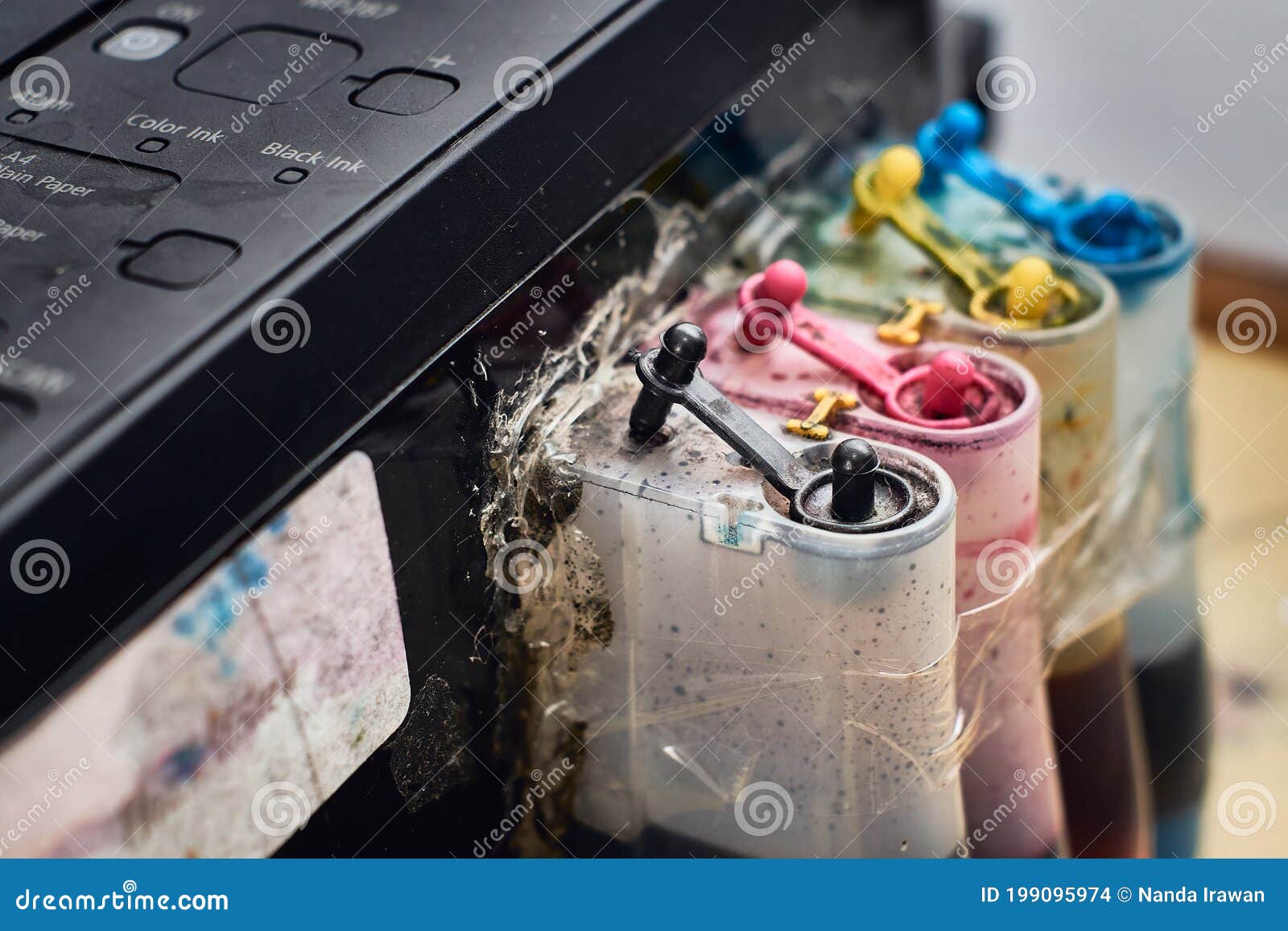 Printer color ink in tank. stock photo. Image of machine - 199095974
