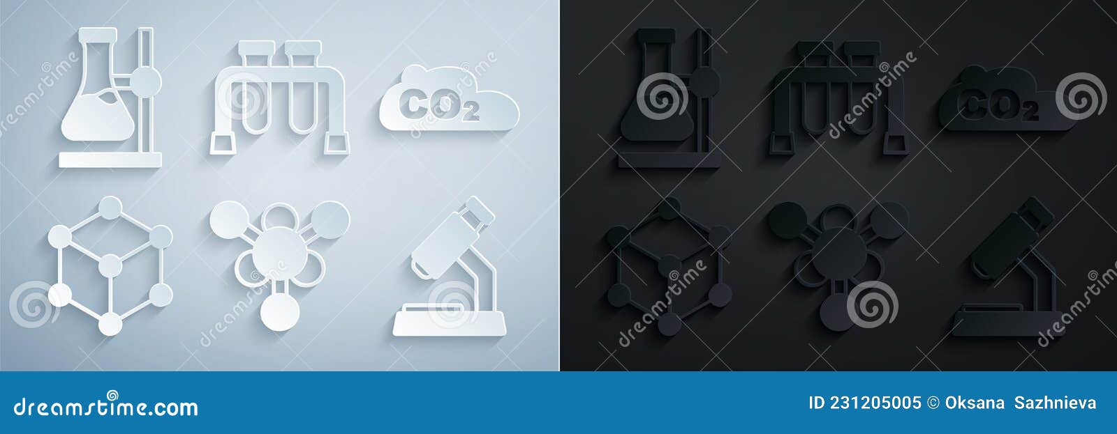 Set Molecule, CO2 Emissions in Cloud, Microscope, Test Tube and Flask ... Set Molecule, CO2 Emissions in Cloud, Microscope, Test Tube and Flask ...