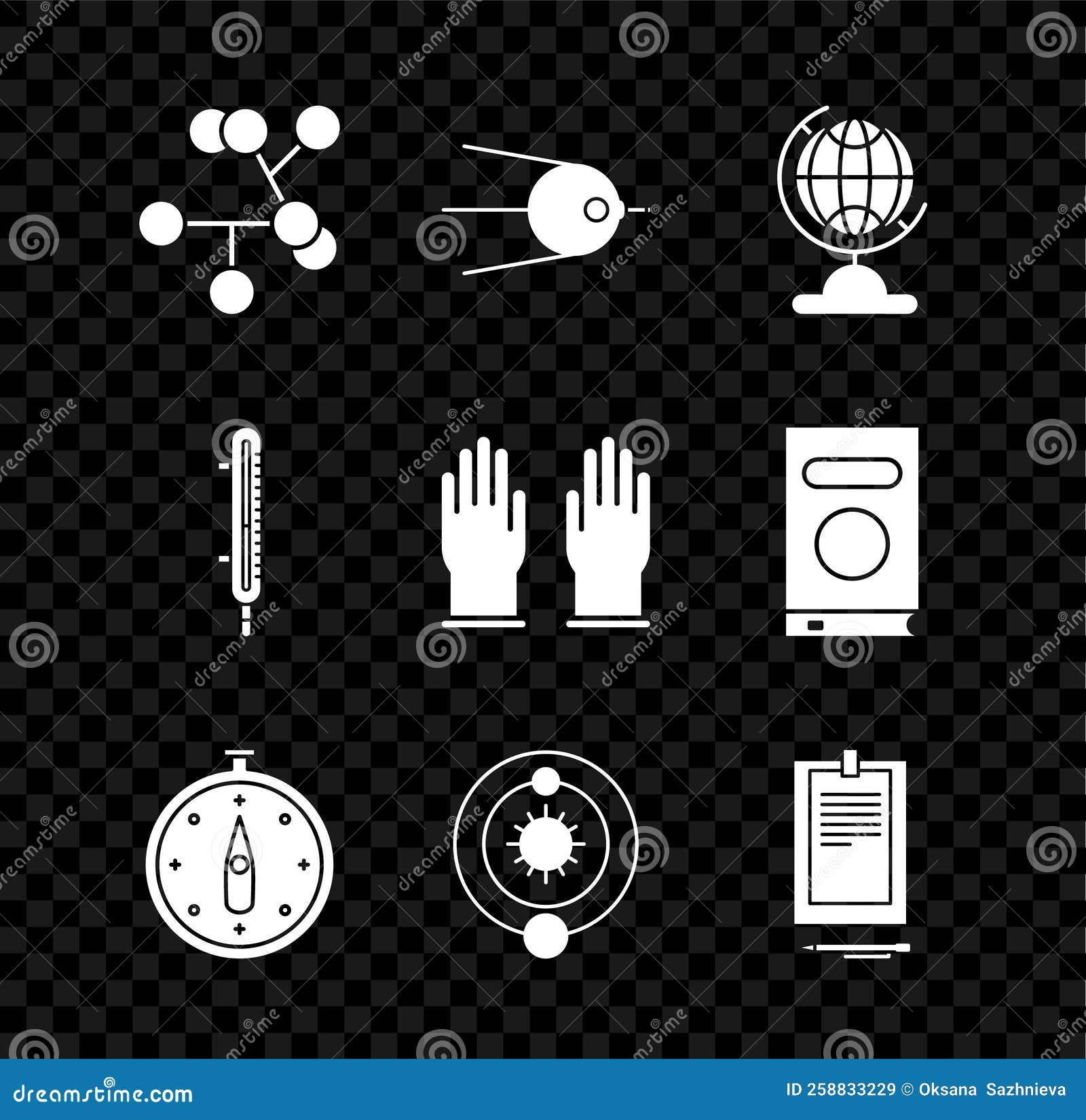 Set Molecule, Satellite, Earth Globe, Compass, Solar System, Clipboard with Document ...