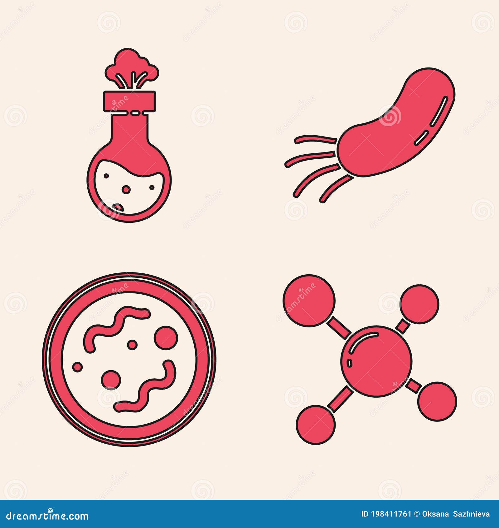 Set Molecule, Test Tube and Flask Chemical, Bacteria and Bacteria Icon ...