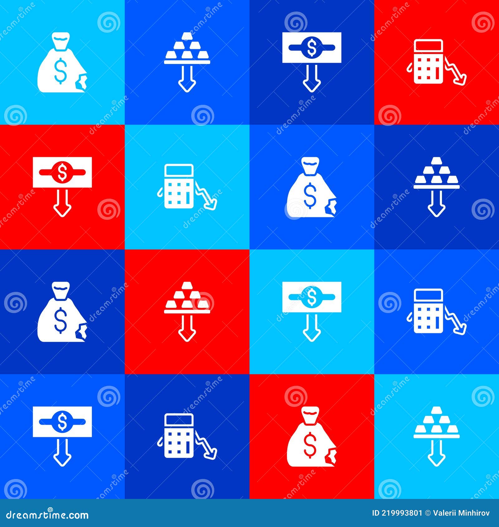 Set Money Bag, Gold Bars, Dollar Rate Decrease and Calculation of Expenses Icon. Vector Stock ...