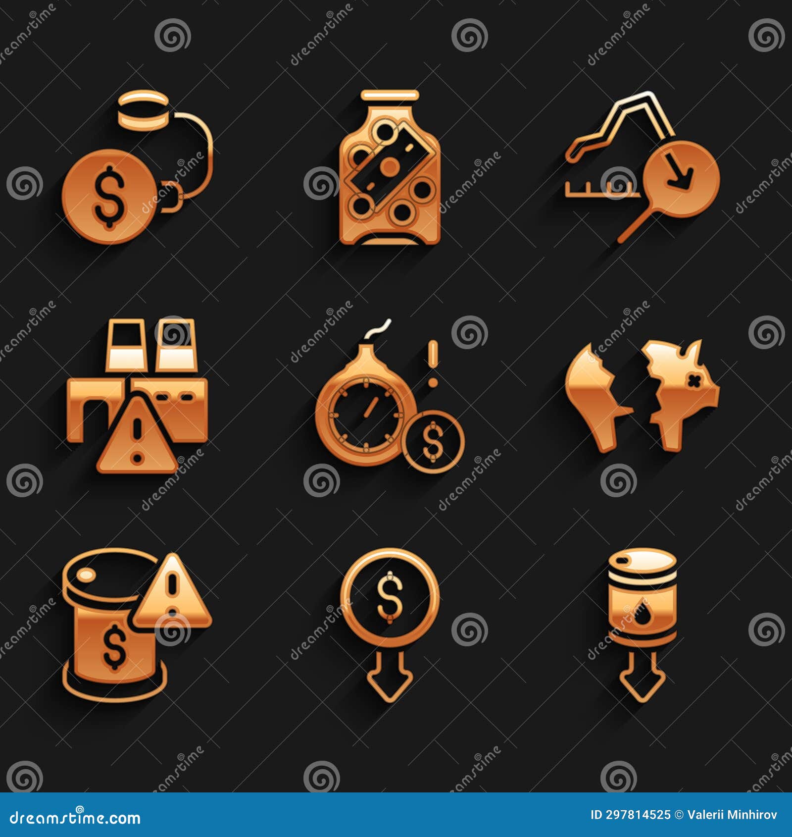 Set Money Bomb Dollar Crisis, Dollar Rate Decrease, Drop in Crude Oil Price, Broken Piggy Bank ...