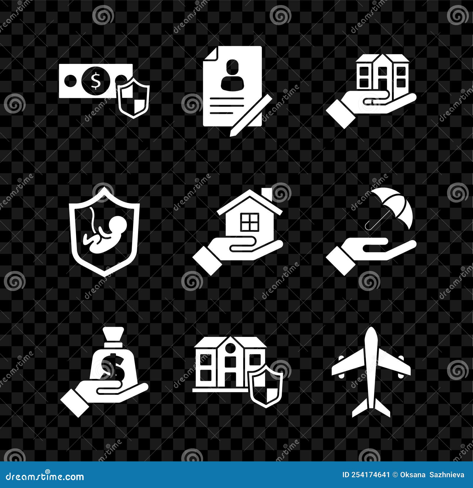 Set Money with Shield, Document, House in Hand, Plane, Life Insurance ...