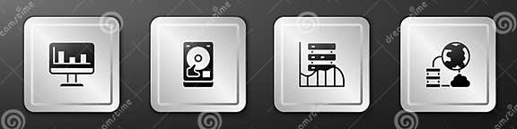 Set Monitor With Graph Chart Hard Disk Drive Hdd Server Data Web Hosting And Network Cloud