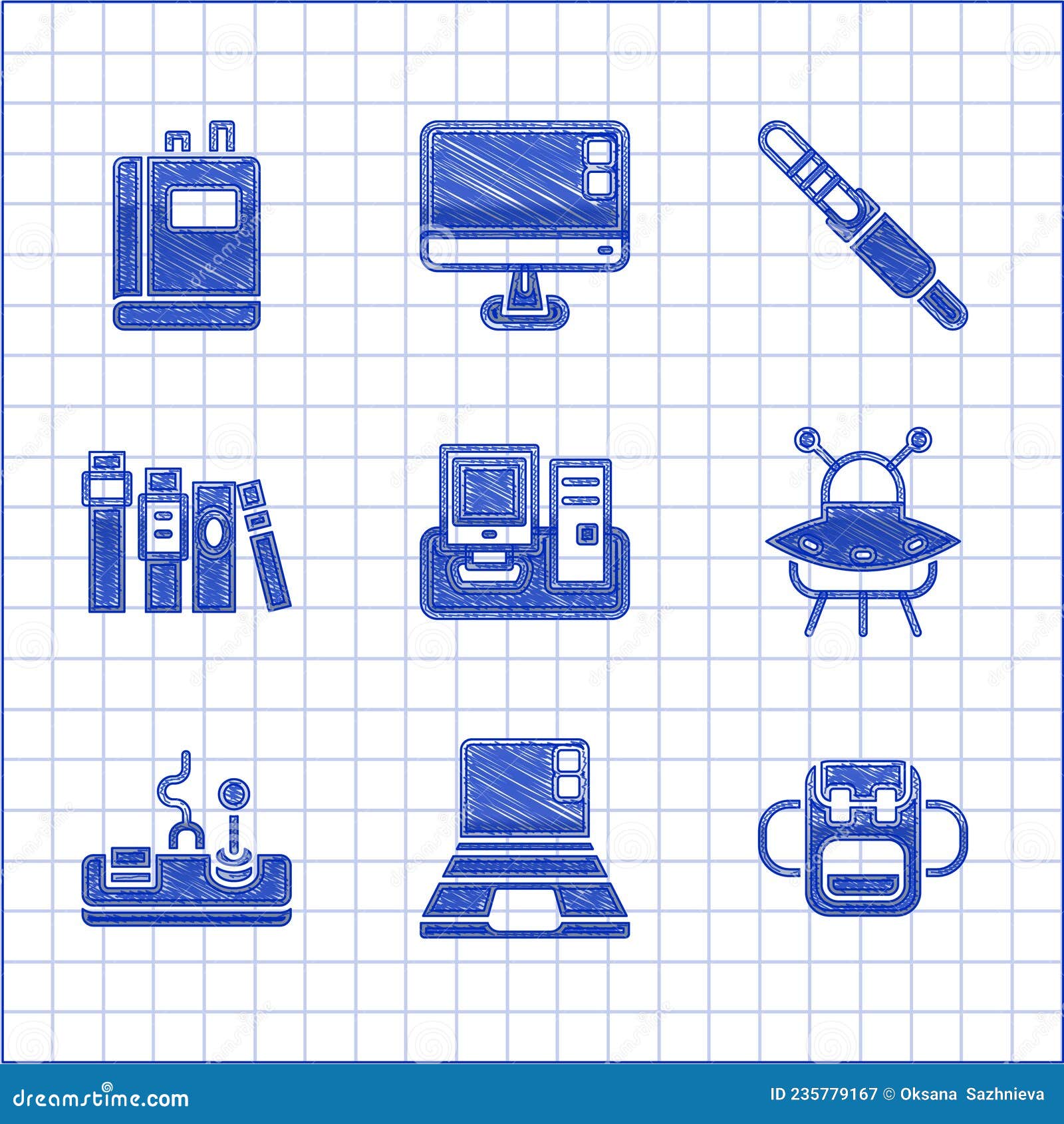Set Monitor with Keyboard, Laptop, School Backpack, UFO Flying ... Set Monitor with Keyboard, Laptop, School Backpack, UFO Flying ...
