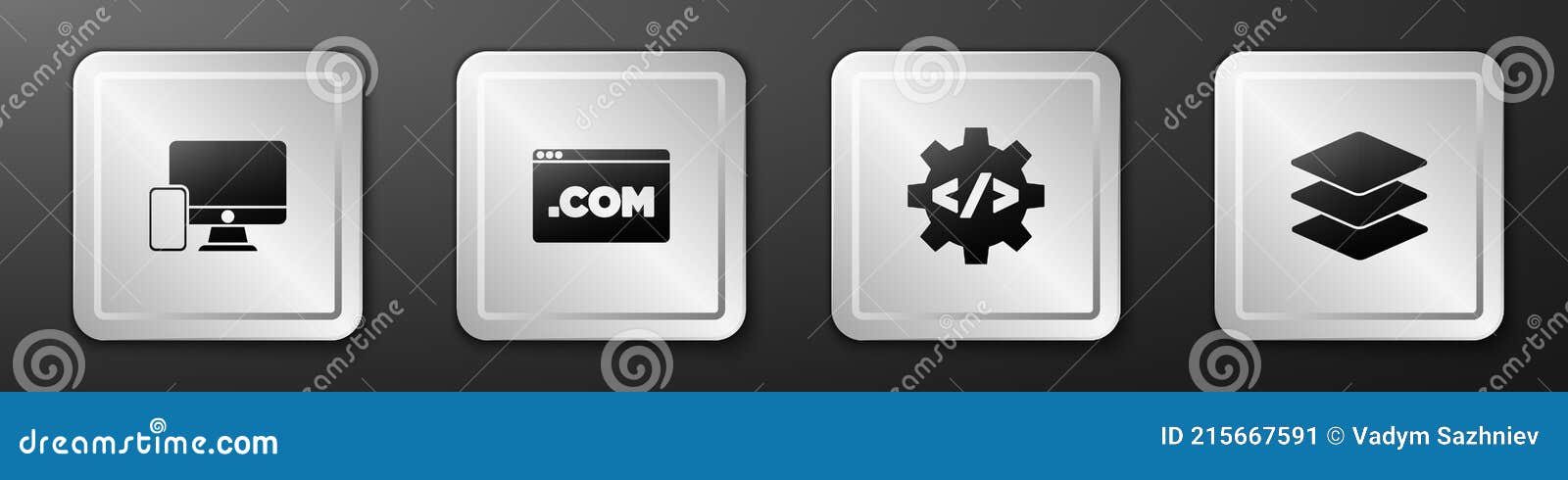 Set Monitor and Mobile, UI UX Design, Front End Development and Layers Icon. Silver Square ...