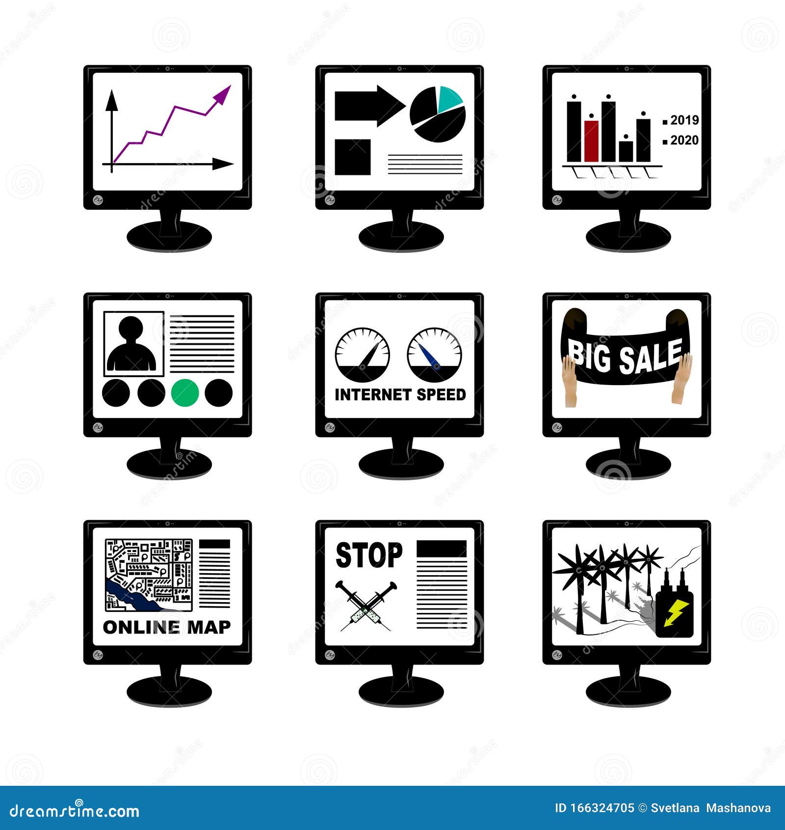 Set of Monitors with Information, Computer Screen with Screens of ...
