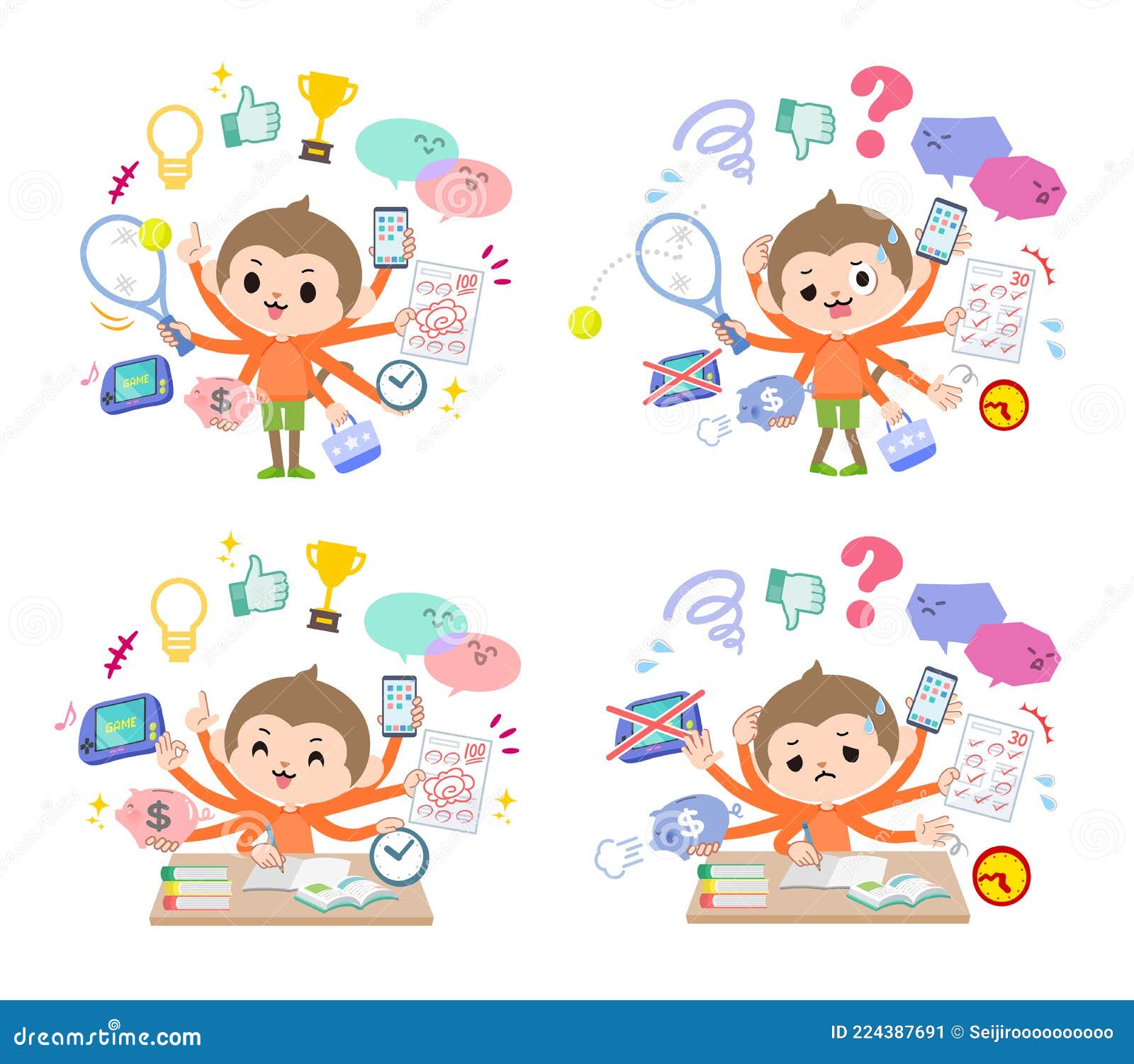 A Set of Monkey Boy Who Perform Multitasking Stock Vector ...