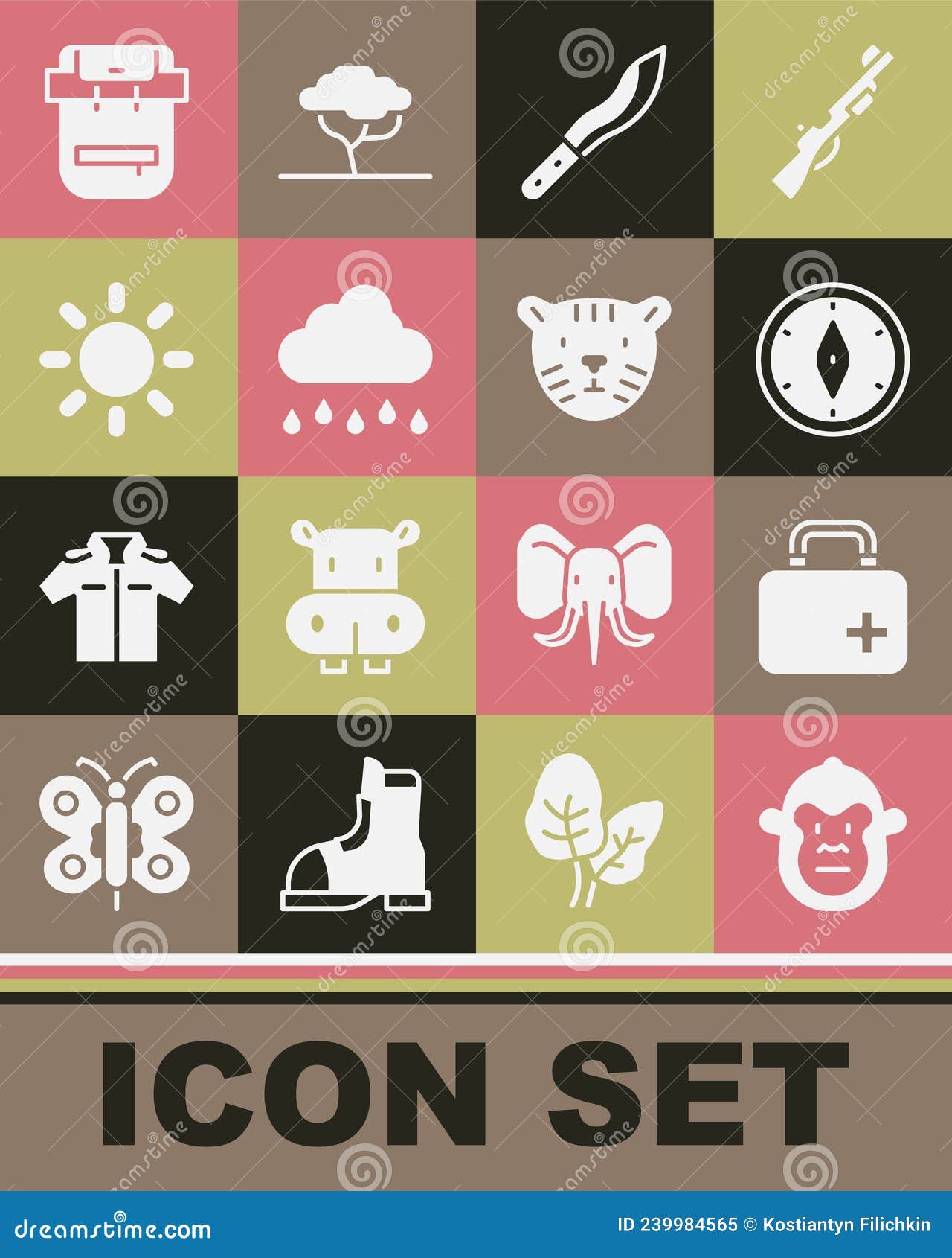 Set Monkey, First Aid Kit, Compass, Machete, Cloud with Rain, Sun ...