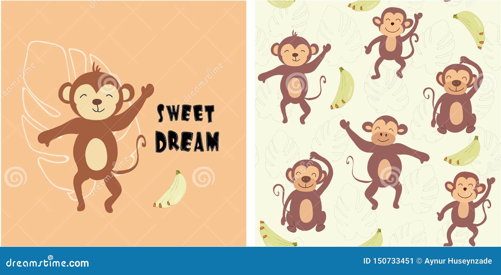 Set of Monkey Print and Seamless Pattern with Monkeys.vector Stock ...