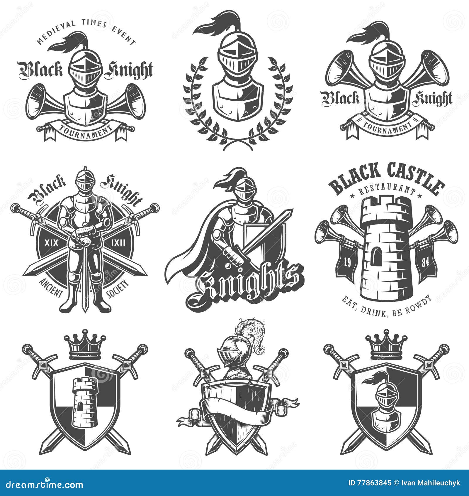 Set Of Monochrome Knights Emblems, Badges, Labels And Logos Medieval ...