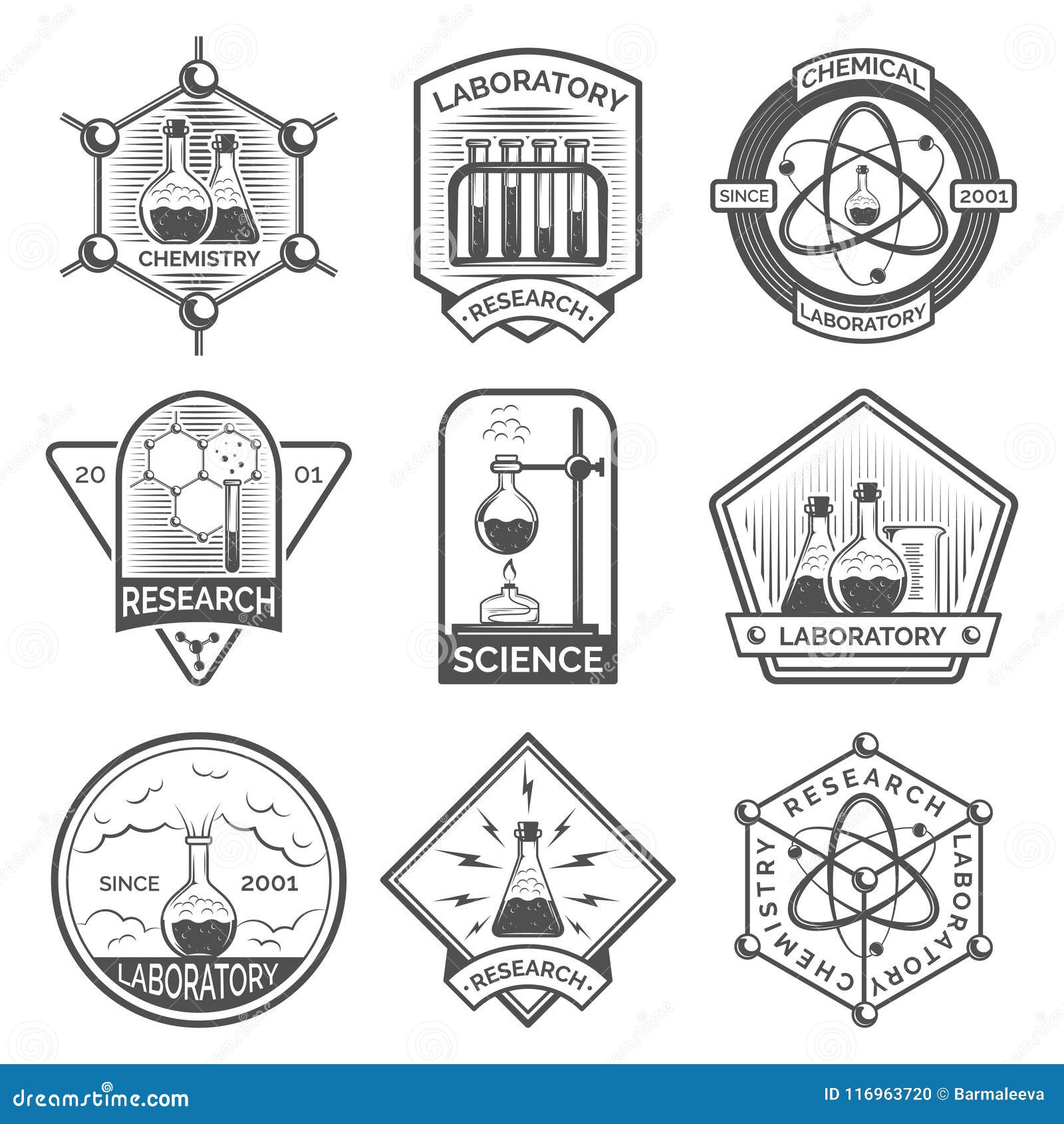 Set Of Monochrome Laboratory Research Elements With Flasks, Tubes And ...