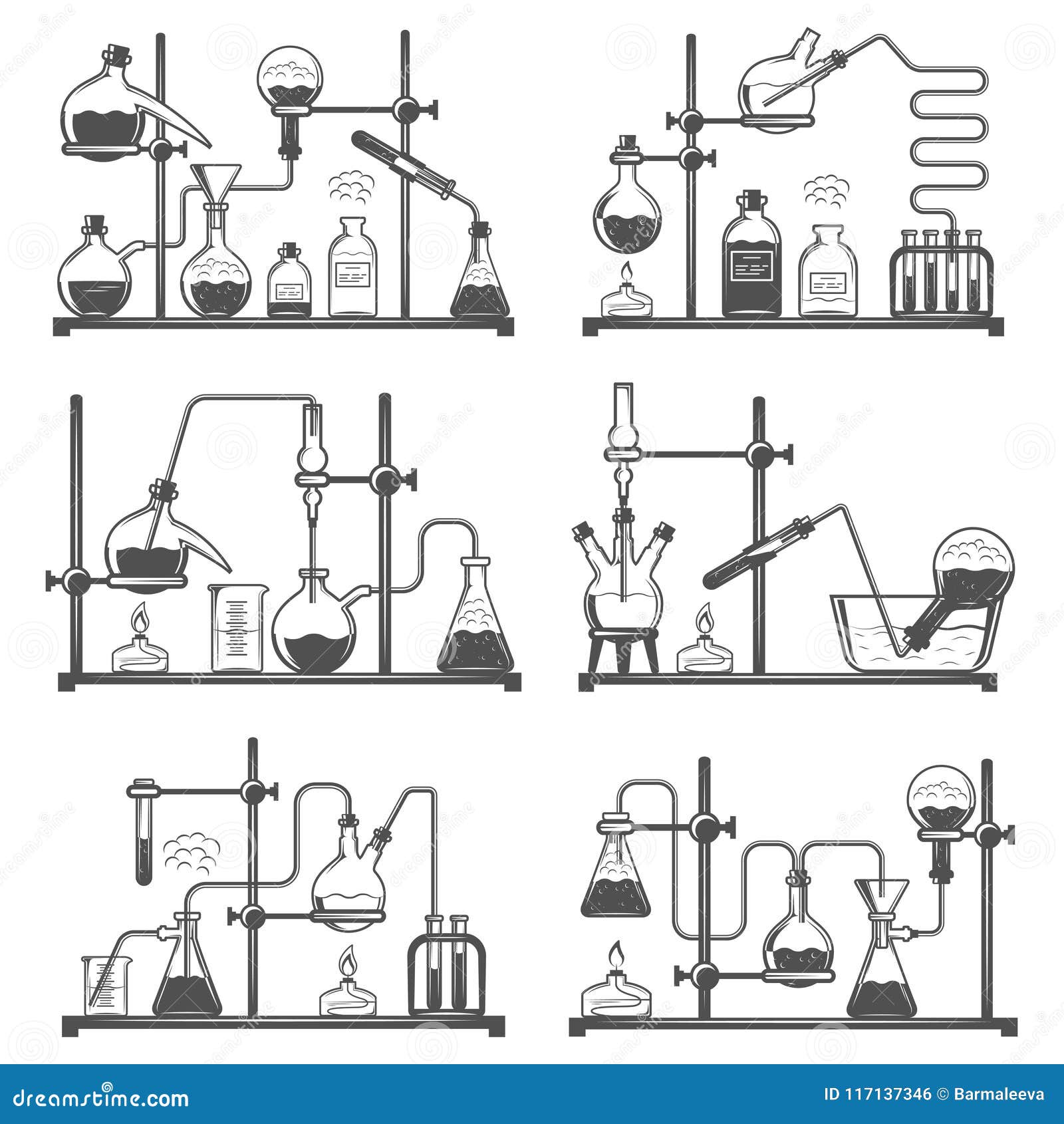 Set of Monochrome Laboratory Research Elements with Flasks, Tubes and ...