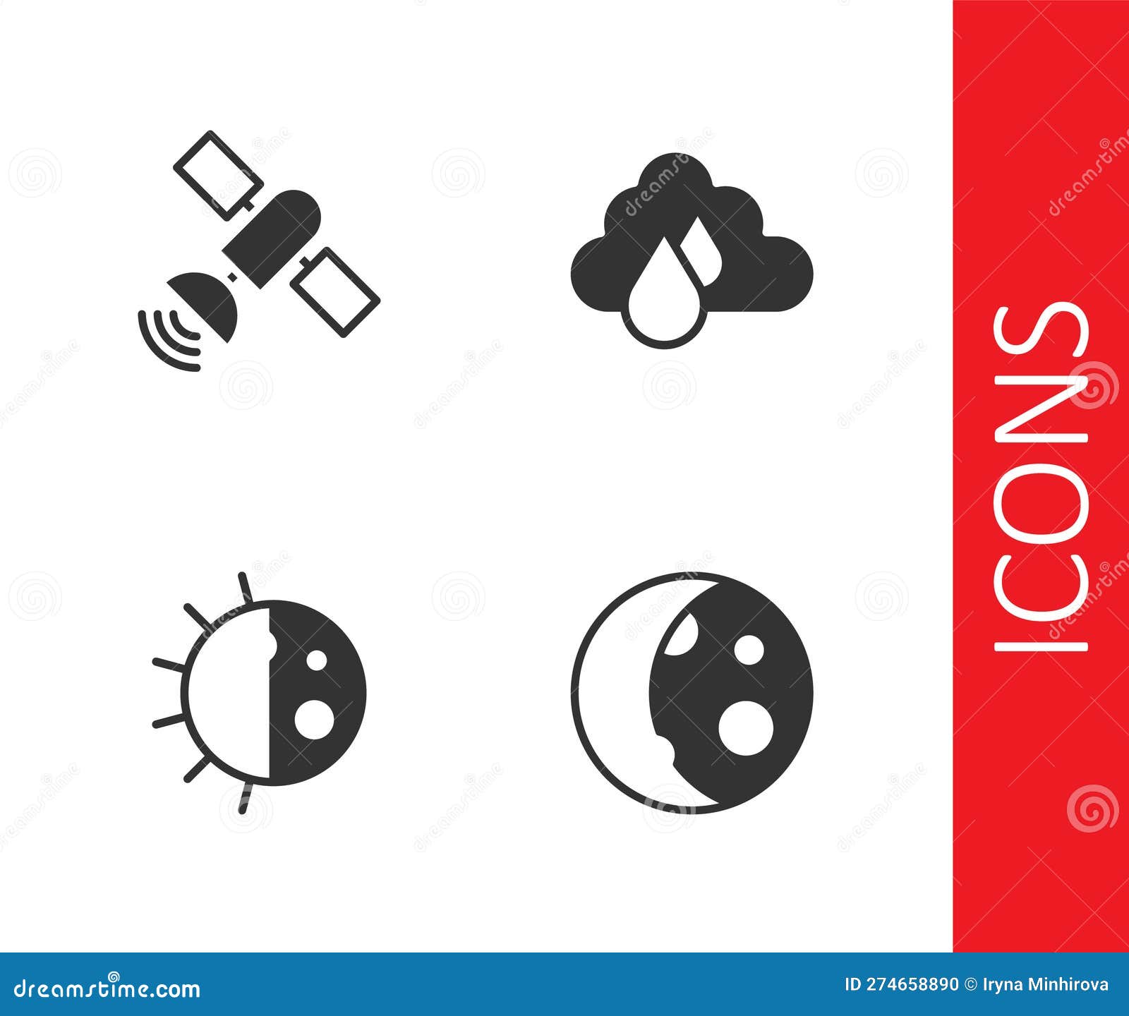 Set Moon Phases, Satellite, Day Night Cycle and Cloud with Rain Icon ...