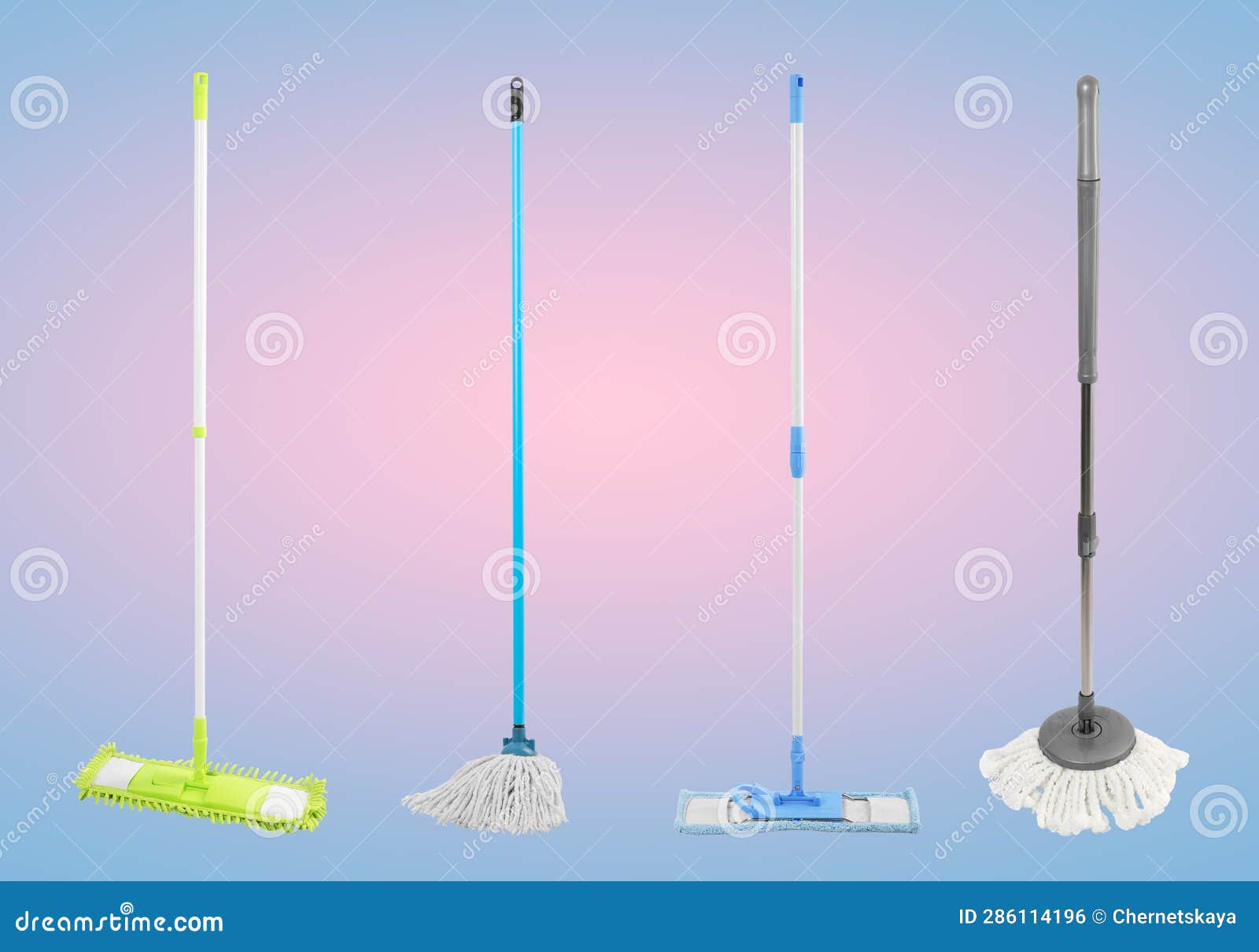 Set of Different Mops on Color Background Stock Photo - Image of brush ...
