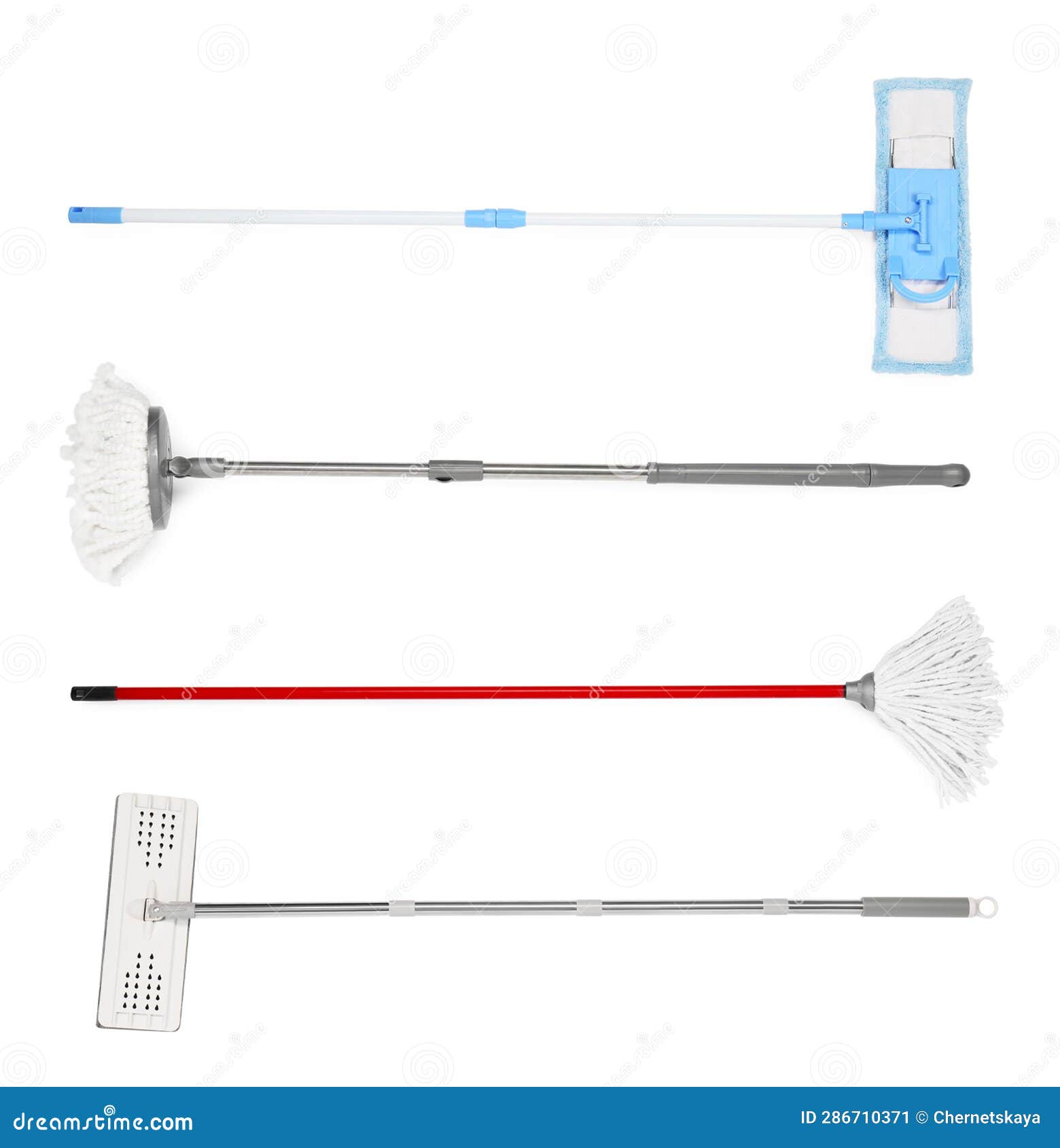Set of Different Mops on White Background, Top View Stock Image - Image ...
